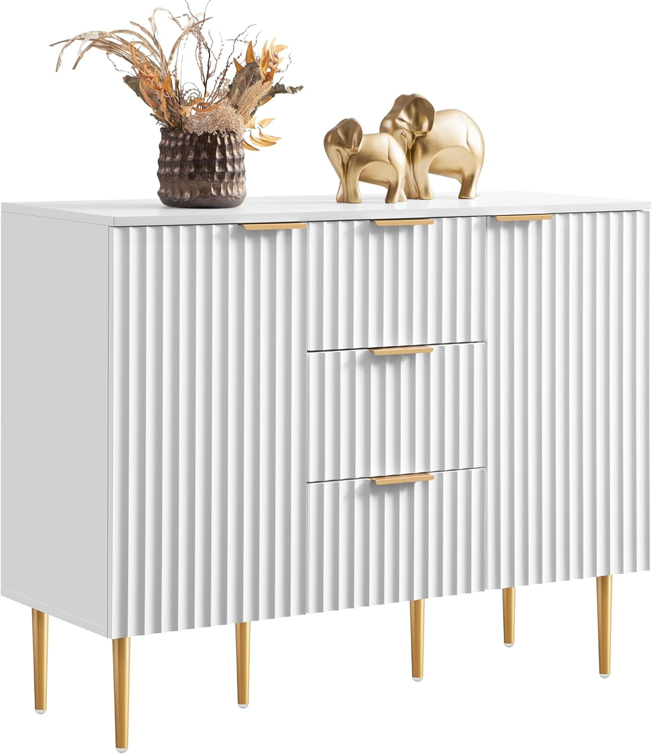 Buffet Sideboard Fluted Storage Cabinet with Doors and Shelves, White ...