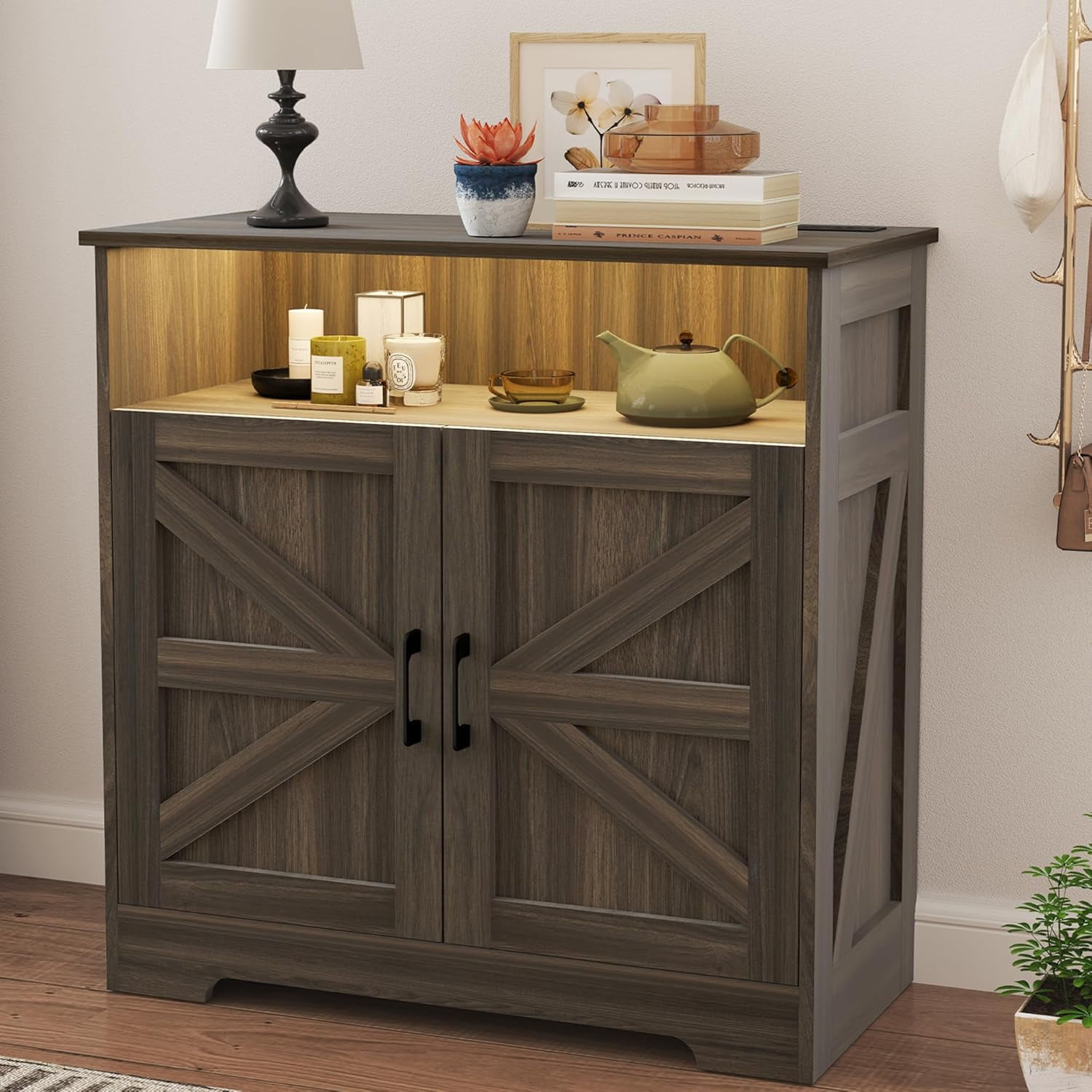 Buffet Sideboard with Lighting, Sideboard Cabinet with Open Storage ...