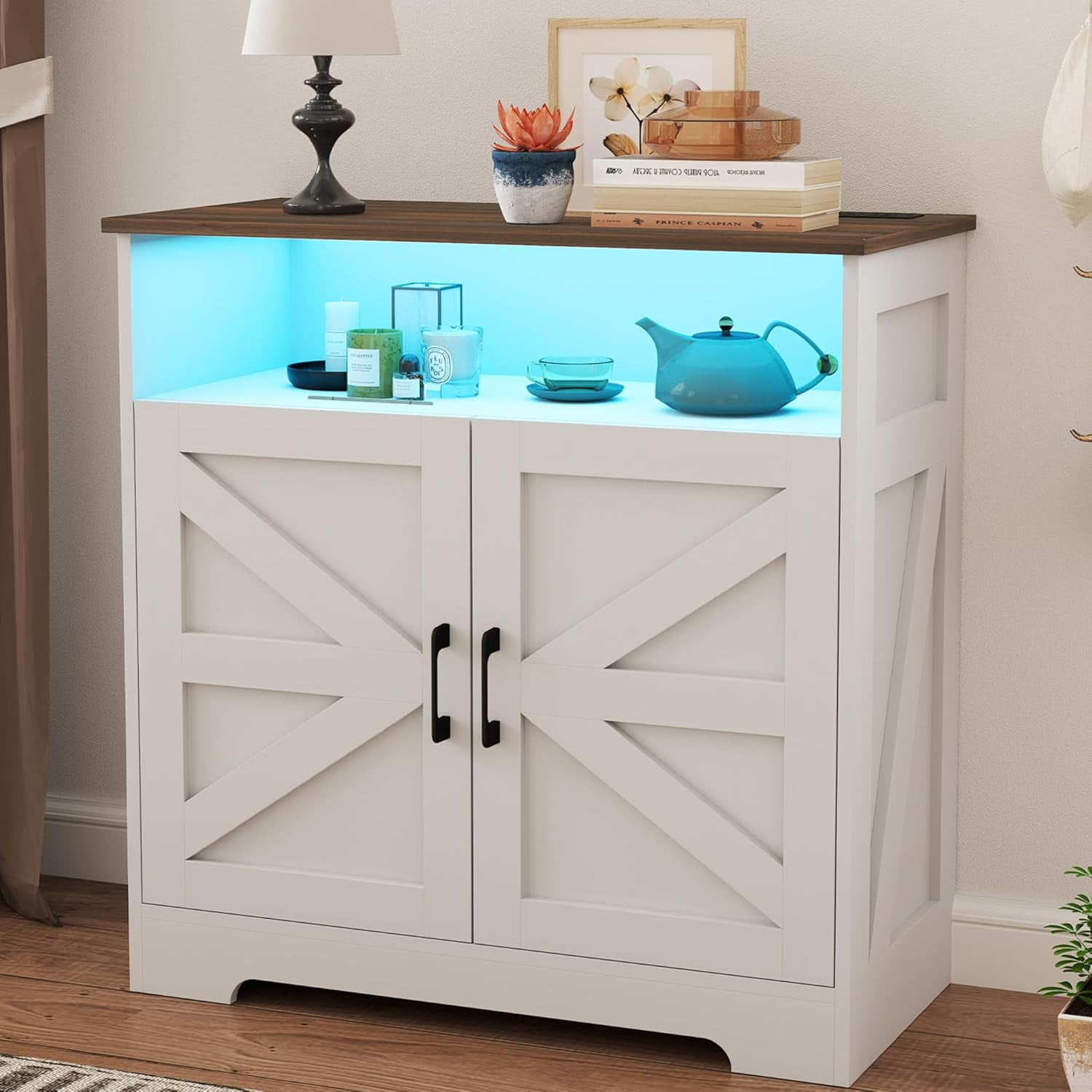 Buffet Sideboard with Lighting, Sideboard Cabinet with Open Storage ...