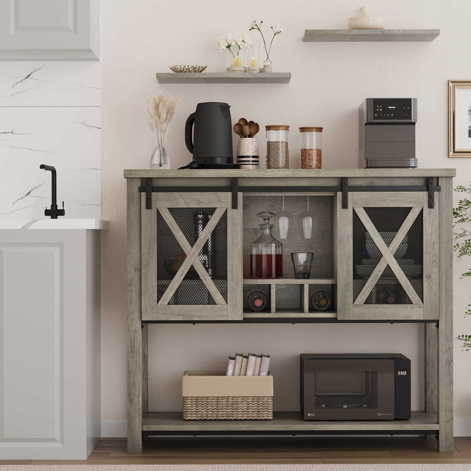 Buffet Storage Cabinet, Wine Cabinet Coffee Bar Table with Wine Glass ...