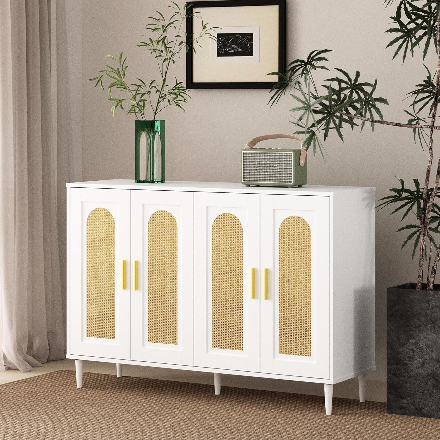 Buffet Storage Cabinet with Rattan Decorating Doors,Kitchen Sideboard ...