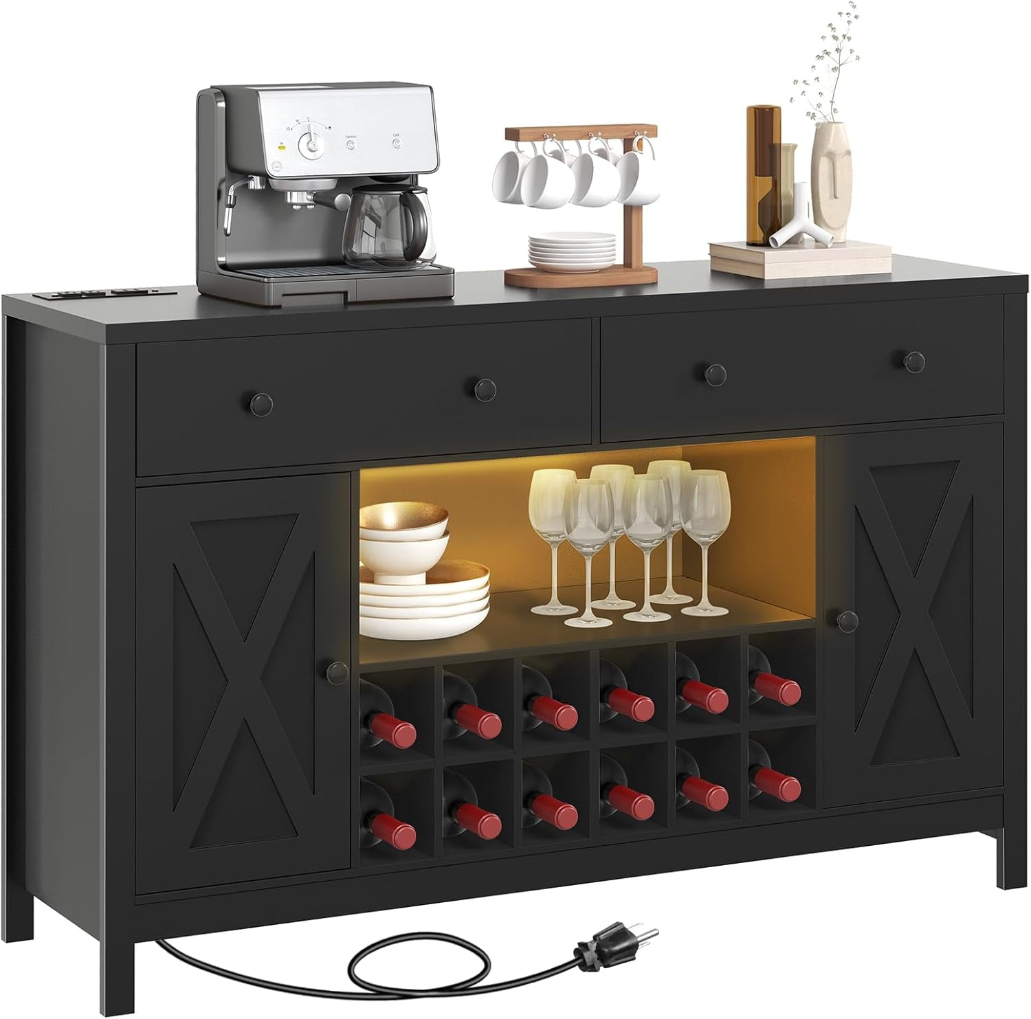 Buffet cabinet with charging station, wine bar cabinet with LED lights ...