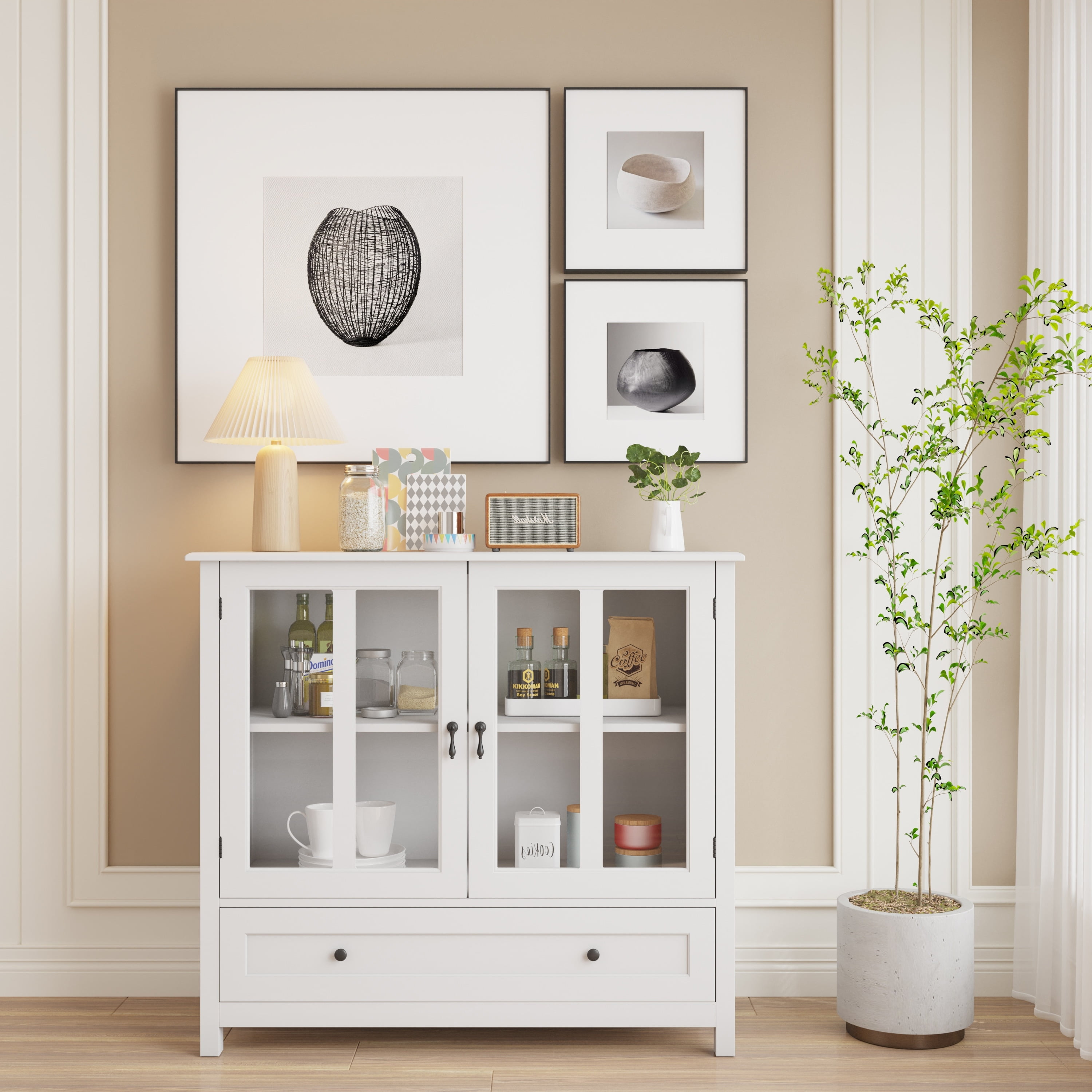 Buffet storage cabinet with double glass doors and unique bell handle ...