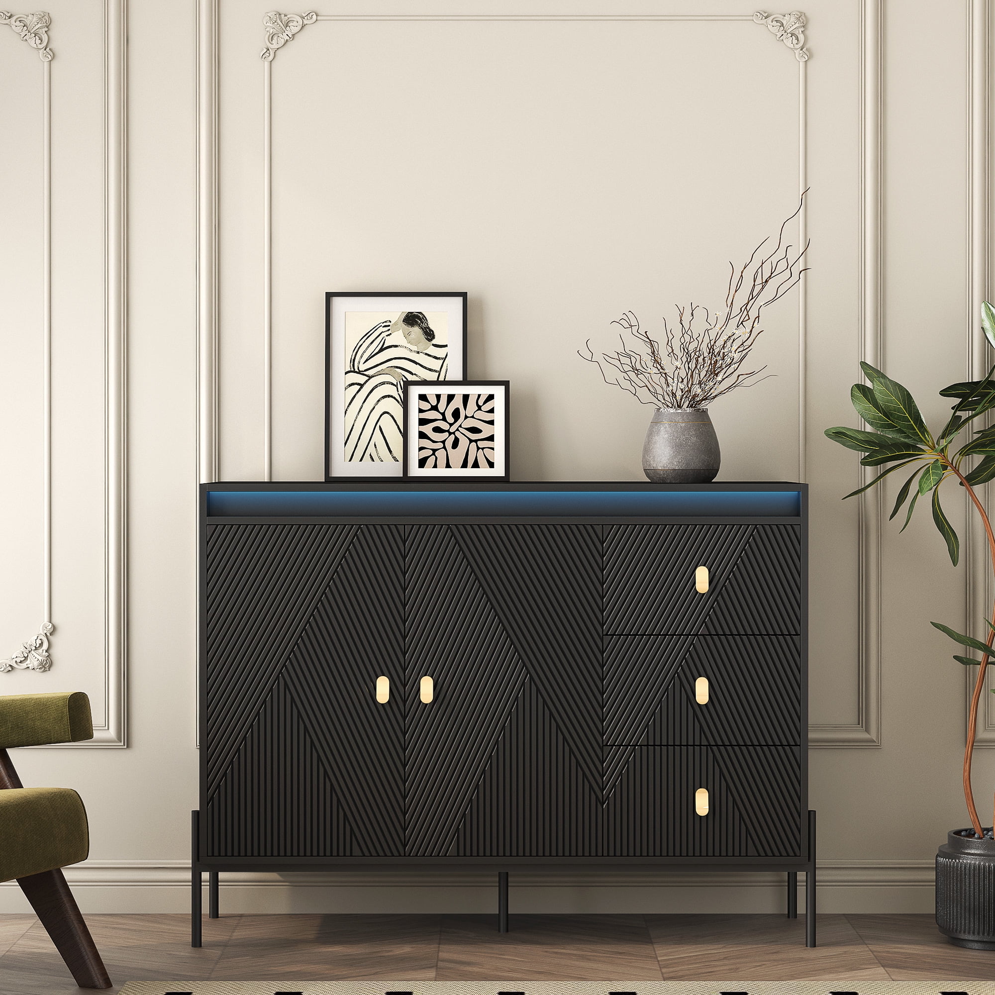 Buffets Sideboard, Fluted Sideboard Cabinet with LED Lights, Accent ...