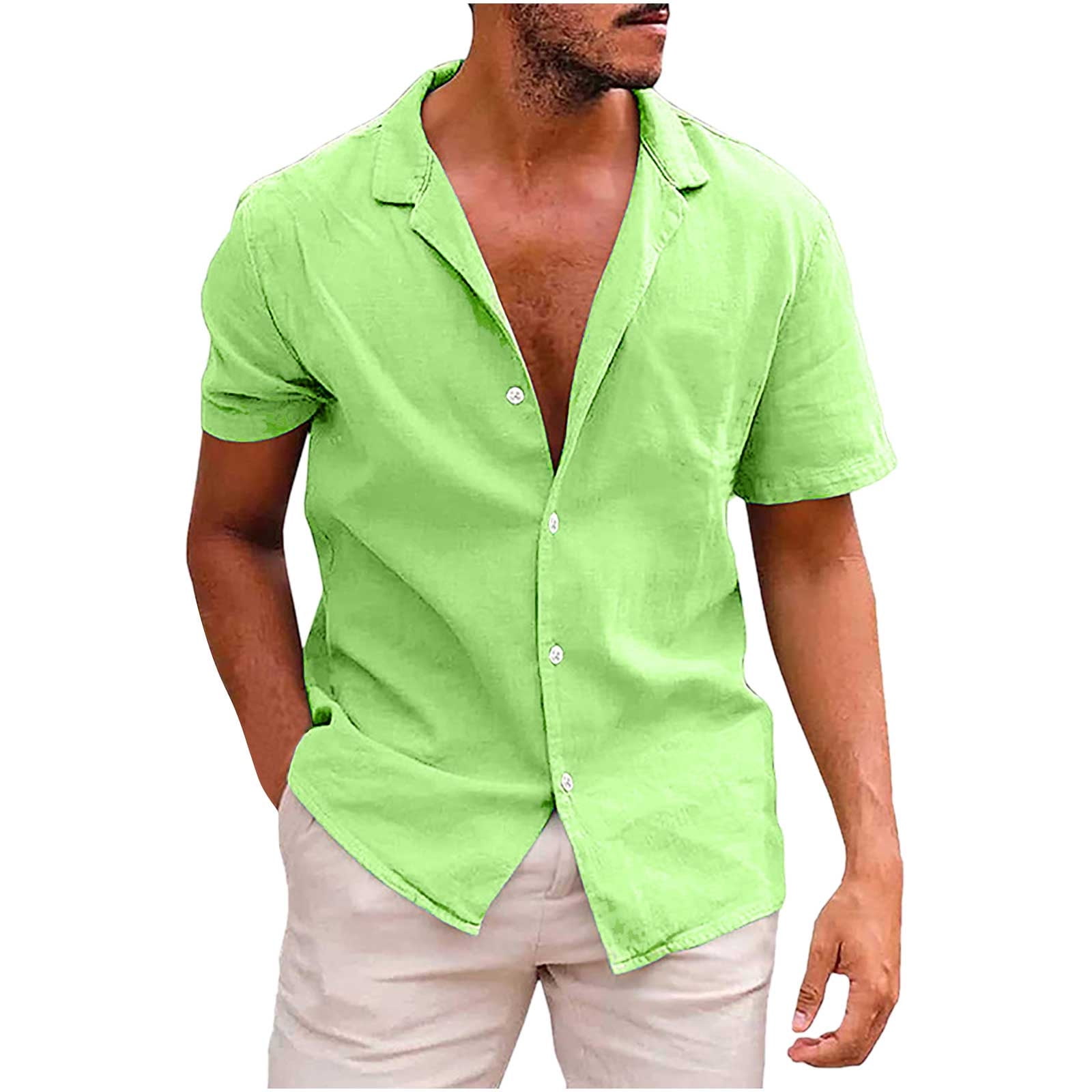Bufgaceh Men's Casual Button Down Shirt Plain Short Sleeve Linen Shirt ...