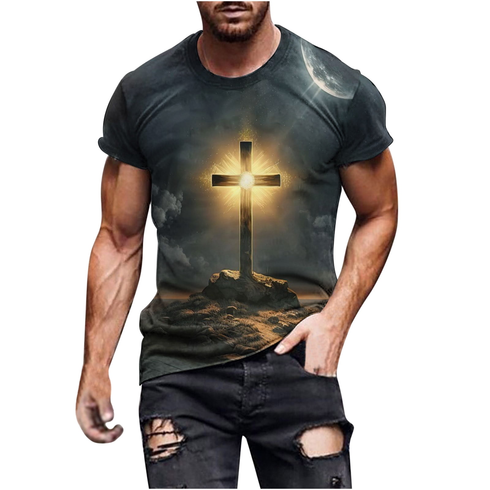 Bufgaceh Men's Cross 3D Print T-Shirt Fashion Short Sleeve Funny ...