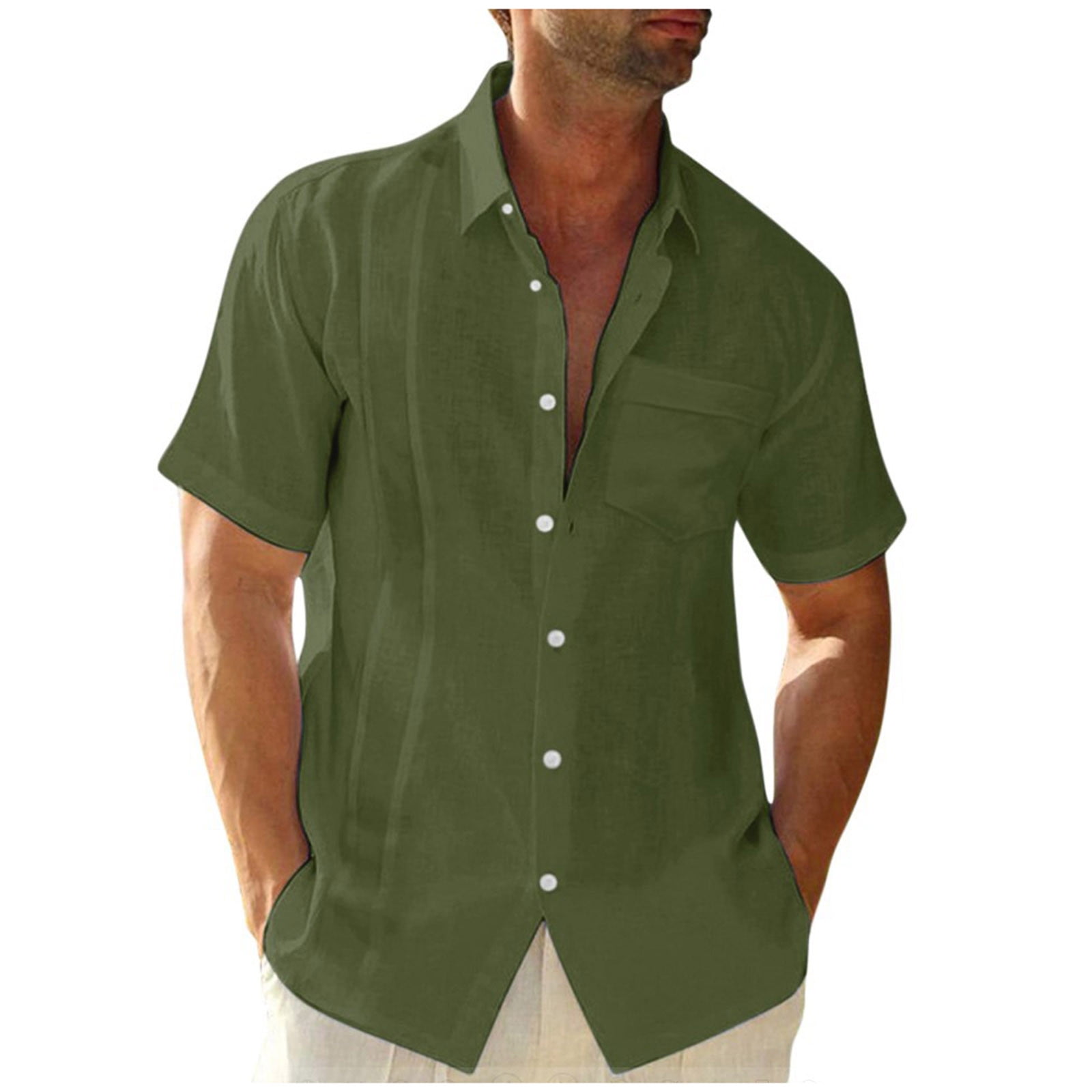 Bufgaceh Mens Cotton Linen Cuban Guayabera Shirts Casual Button Up Short Sleeve Summer Tops ...