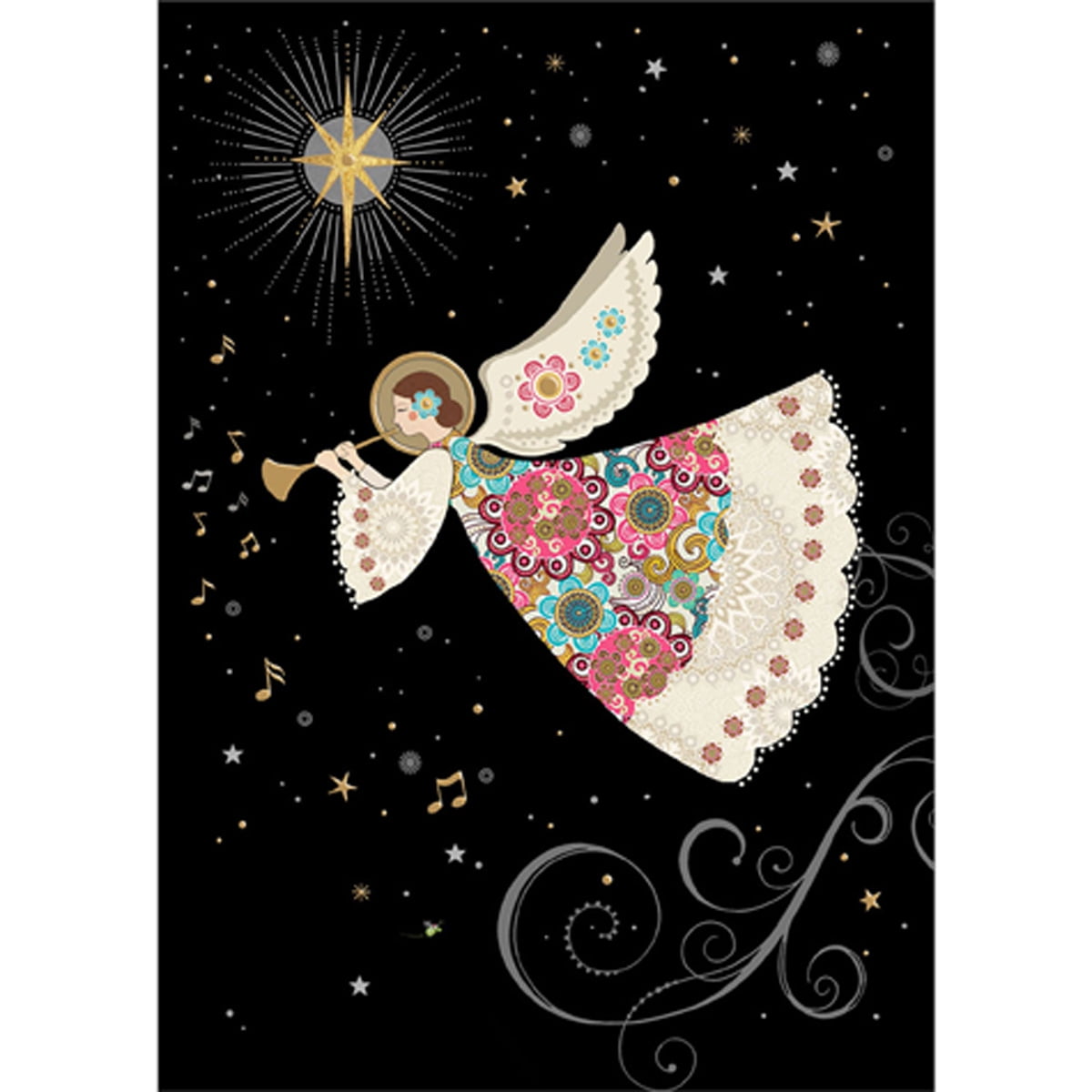 Bug Art Angel Wearing Dress with Colorful Swirls and Playing Gold Foil ...