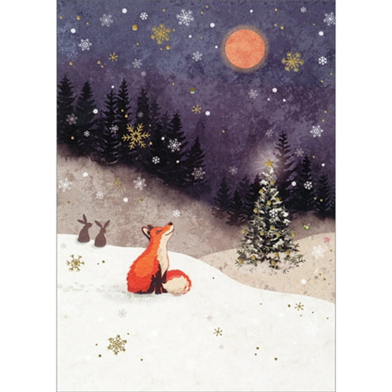 Bug Art Brown Fox and Rabbits Gazing at Moon in Snow Filled Sky ...