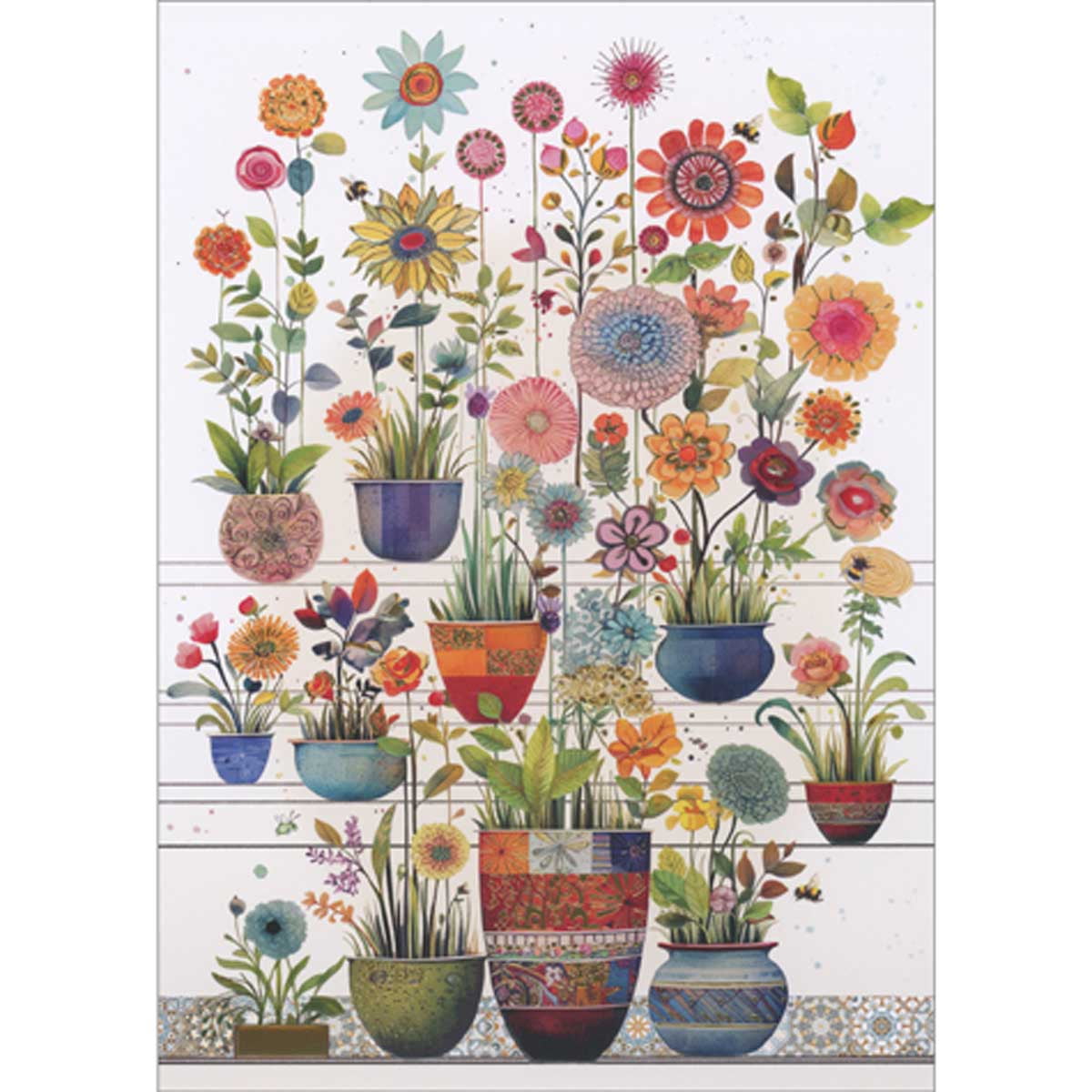 Bug Art Colorful Pots and Flowers on Long Stems Blank Note Card ...