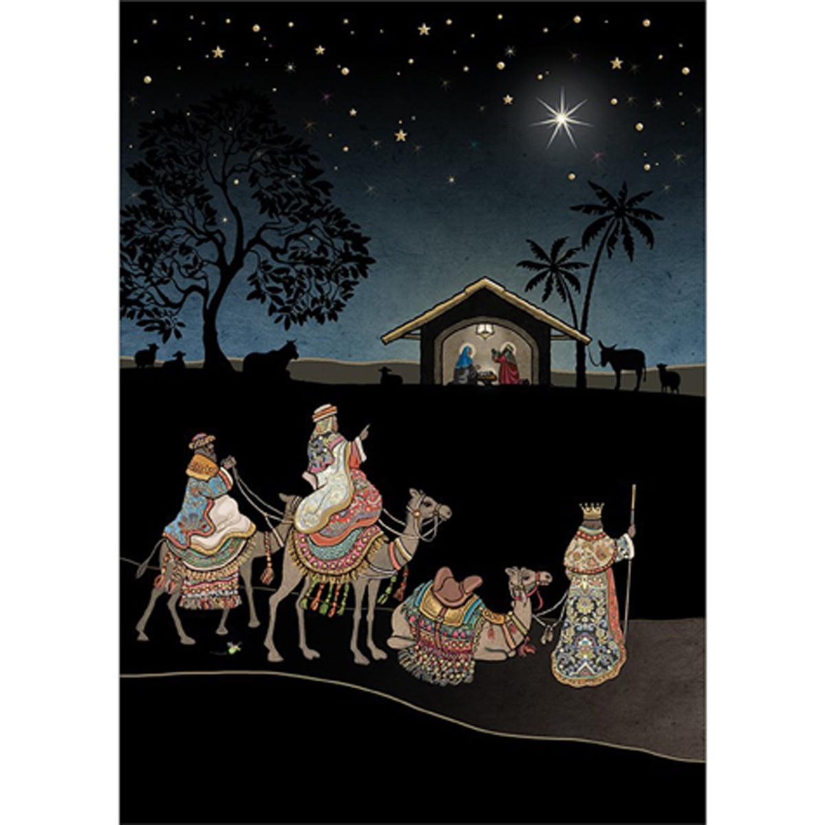 Bug Art Gold Foil Accented Three Kings Approaching Manger Under Gold ...