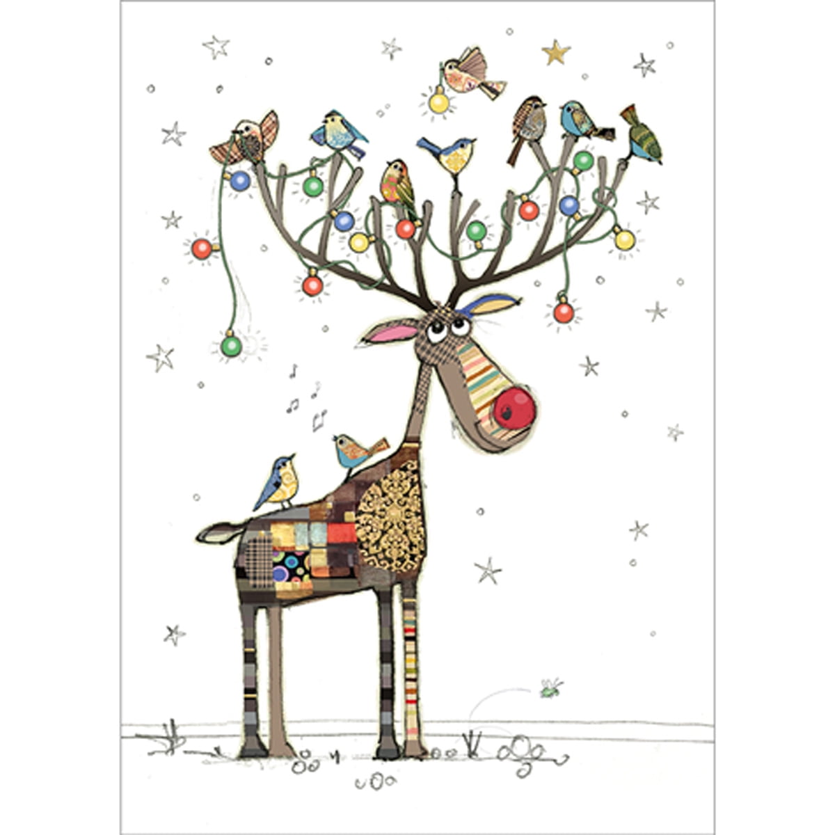 Bug Art Patchwork Rudolph with Small Birds Perched on Antlers Cute ...