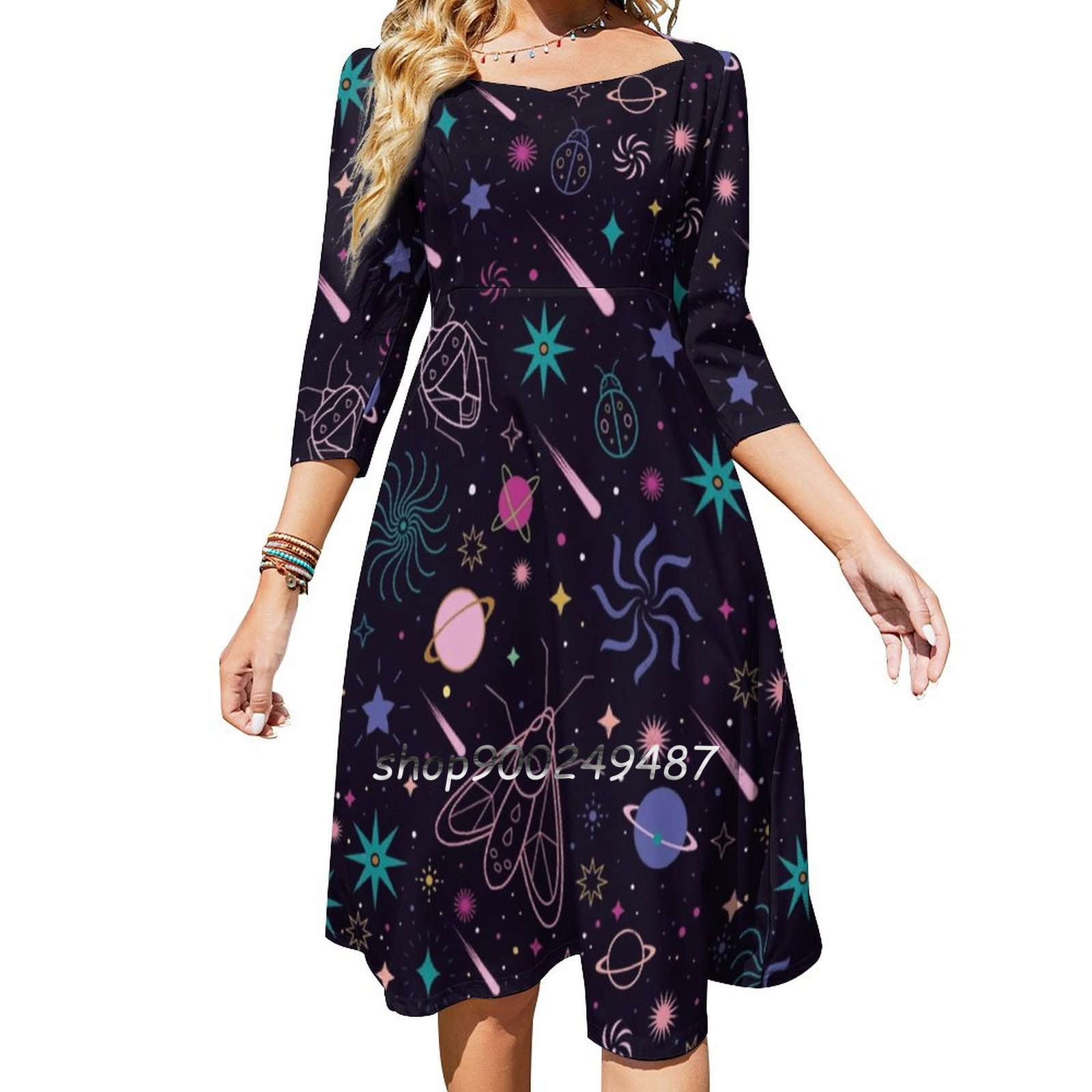 Bug Galaxy Sweet Elegant Dress Women Korean Kawaii Square Collar Dress ...