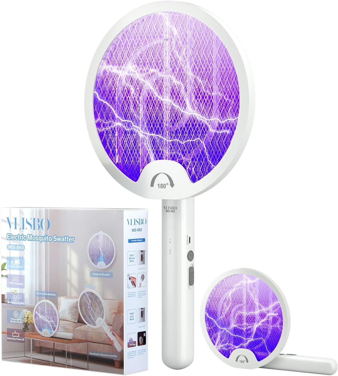 Bug Zapper, 4000V Electric Mosquito Swatter with 180-Degree Rotatable ...