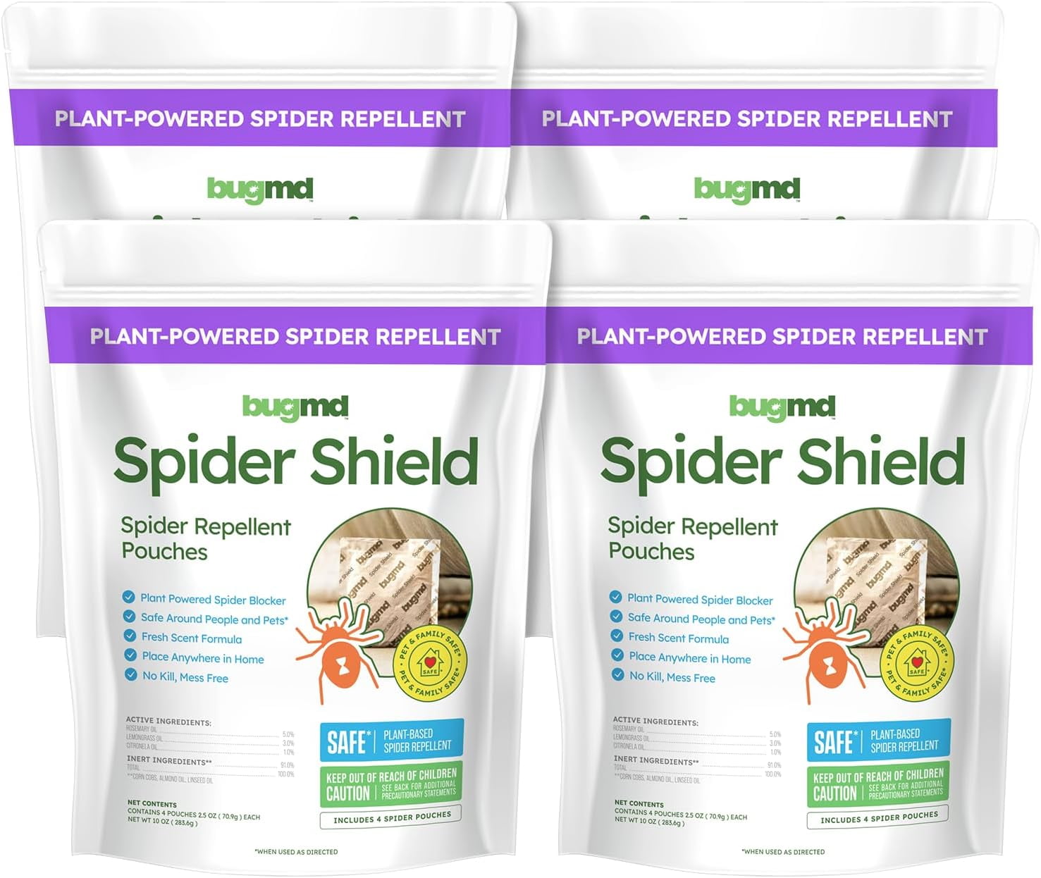 BugMD Spider Shield Repellent Pouches (4 Pack, 16 Pouches) Plant-Based Indoor & Outdoor Spider ...