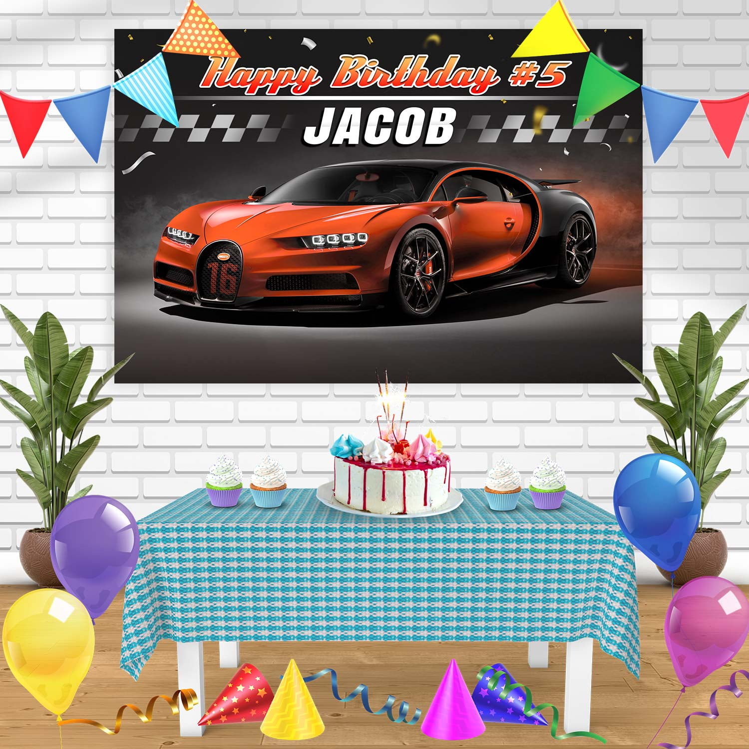 Bugatti Chiron Orange Black Supercar Birthday Banner Personalized Party ...