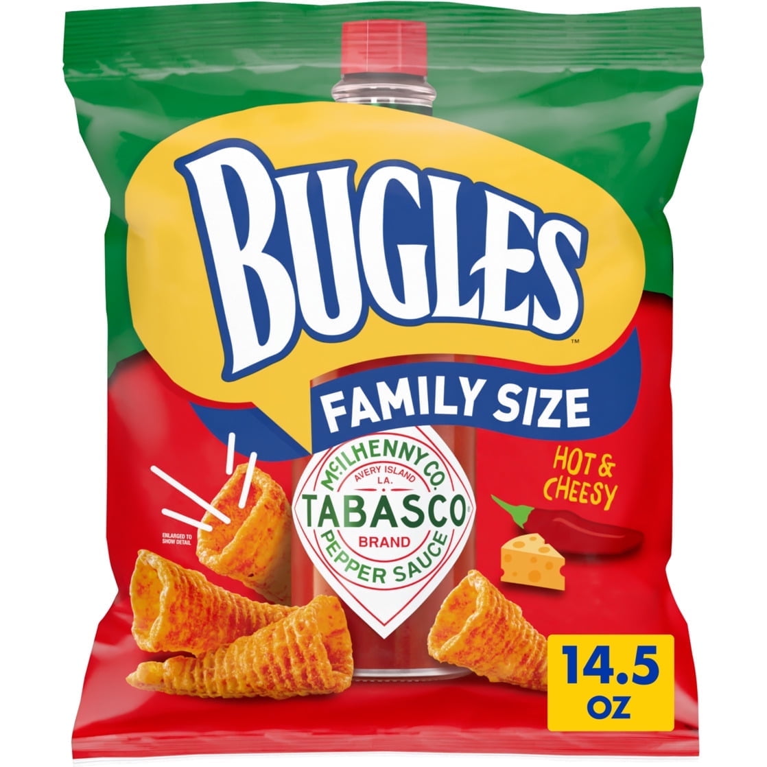 Bugles Tabasco Flavored Crispy Corn Snacks, Hot and Cheesy, Family Size ...