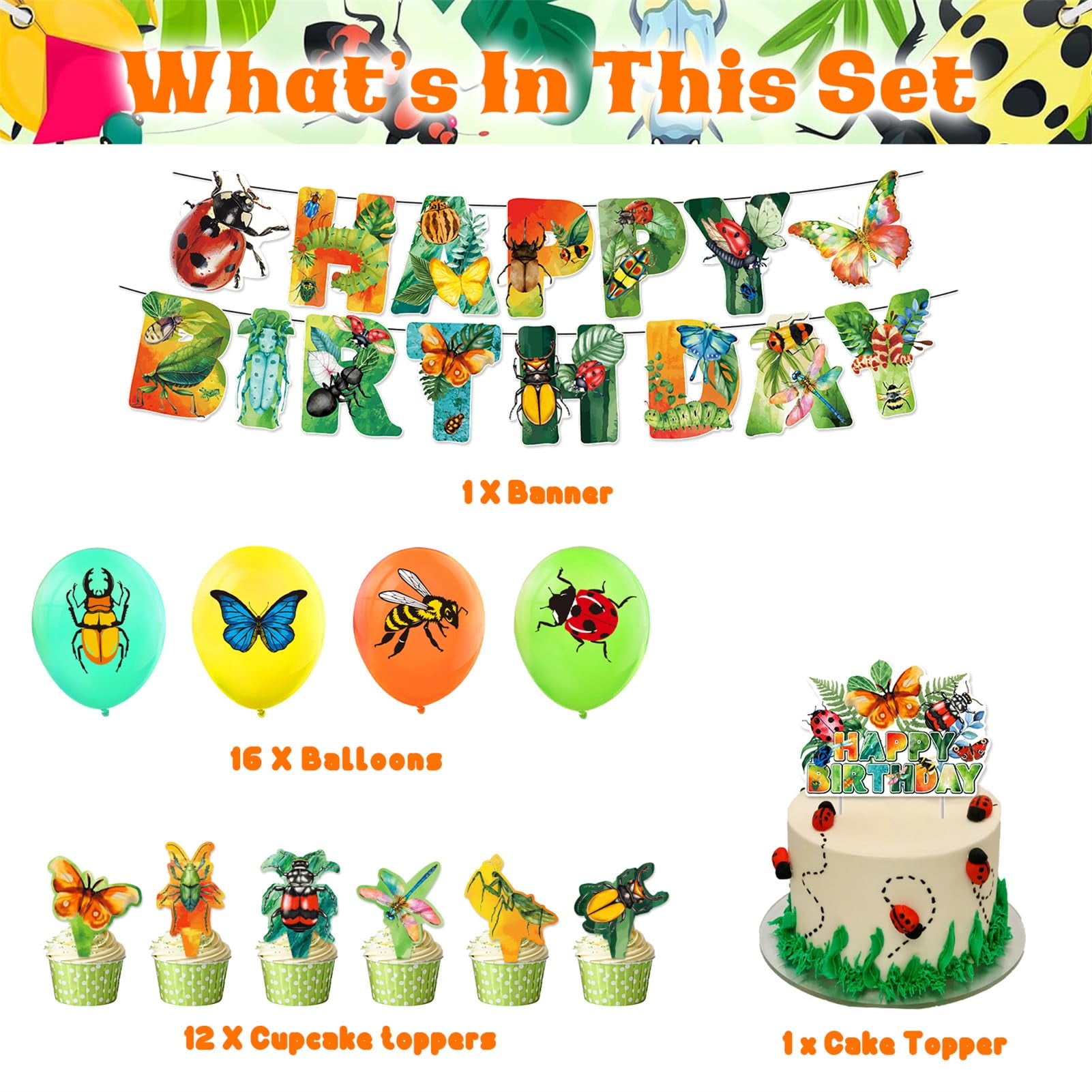 Bugs Birthday Party AJH3 Supplies Set with Insect Happy Birthday Banner ...