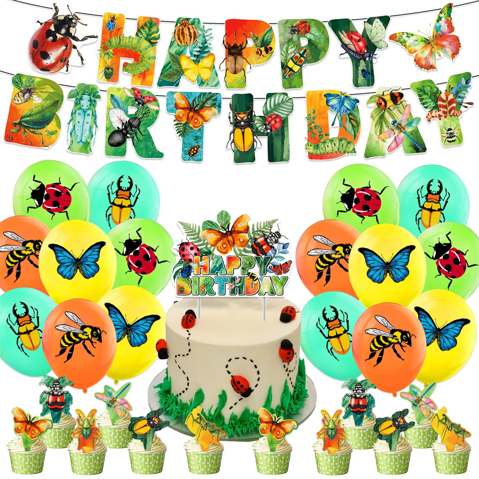 Bugs Birthday Party Supplies MMF7 Set with Insect Happy Birthday Banner ...