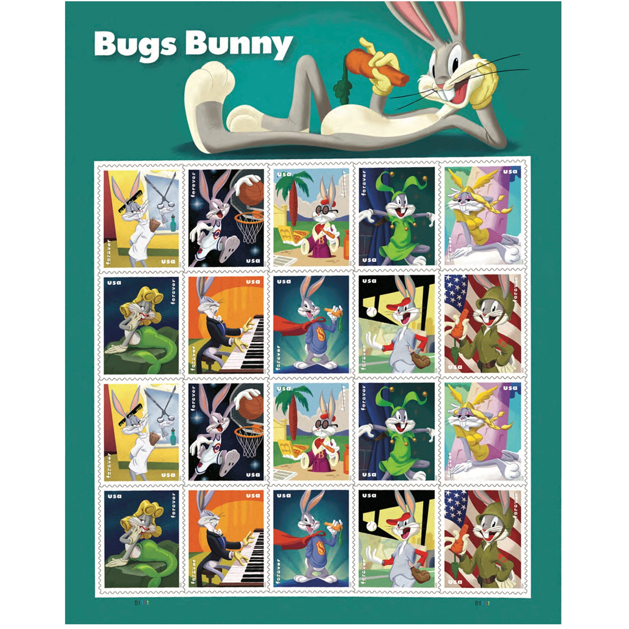 Bugs Bunny Sheet of 20 USPS First Class Forever Postage Stamps Cartoon ...