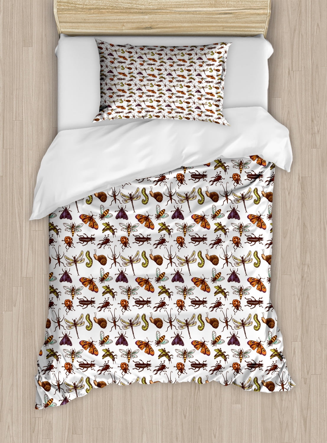 Bugs Duvet Cover Set Twin Size, Sketch Style Arrangement of Insects ...