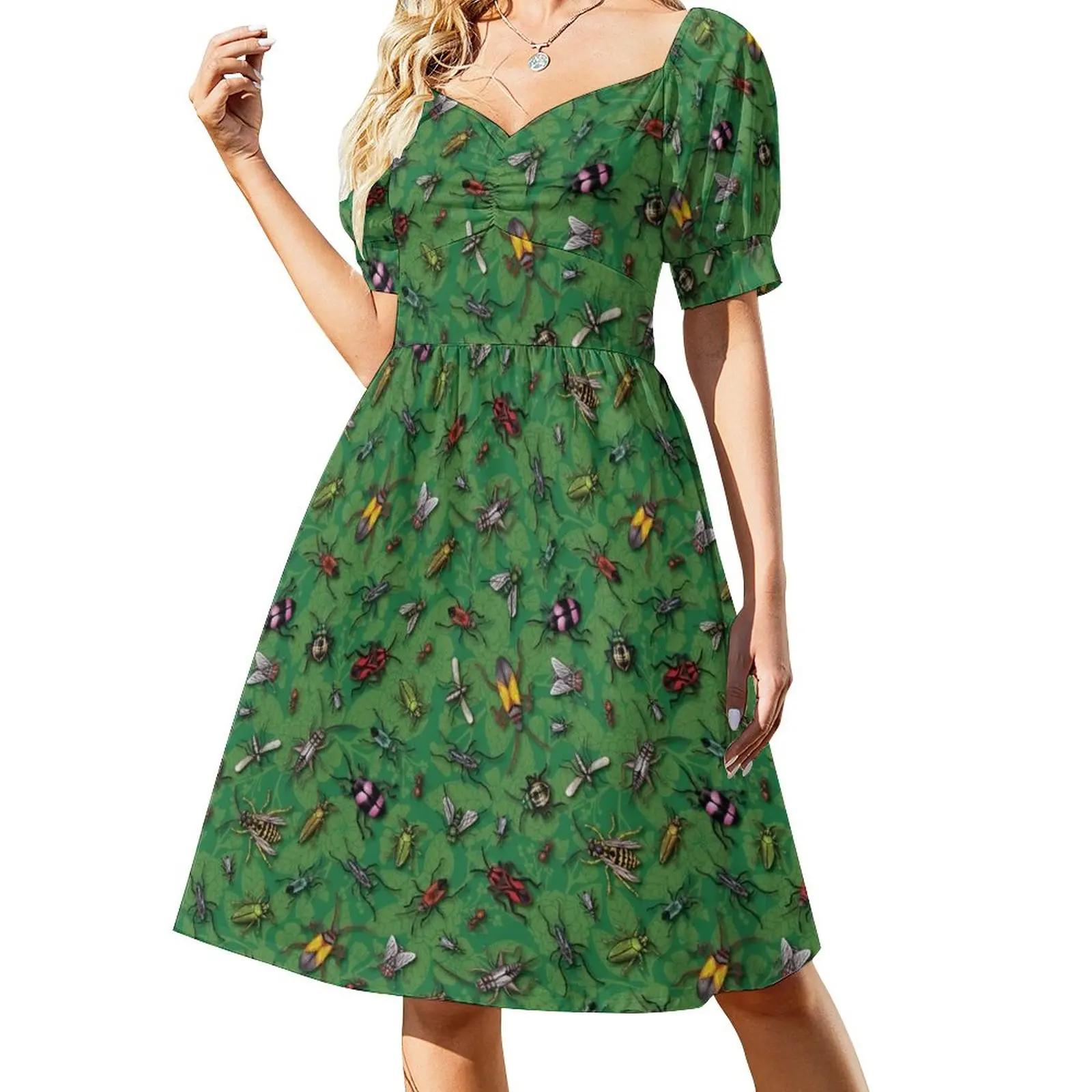 Bugs & Insects on Green Floral Background Sleeveless Dress african ...