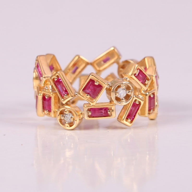 Buguette and Princess Ruby With Round Diamond Eternity Band ring, 925 ...