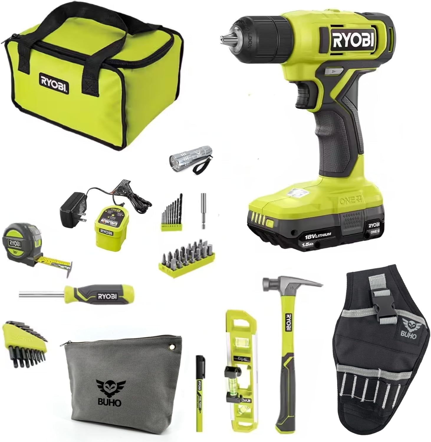 Household Tool Kit Accessory Bundle - Ryobi 18V Cordless Drill Driver 1 ...