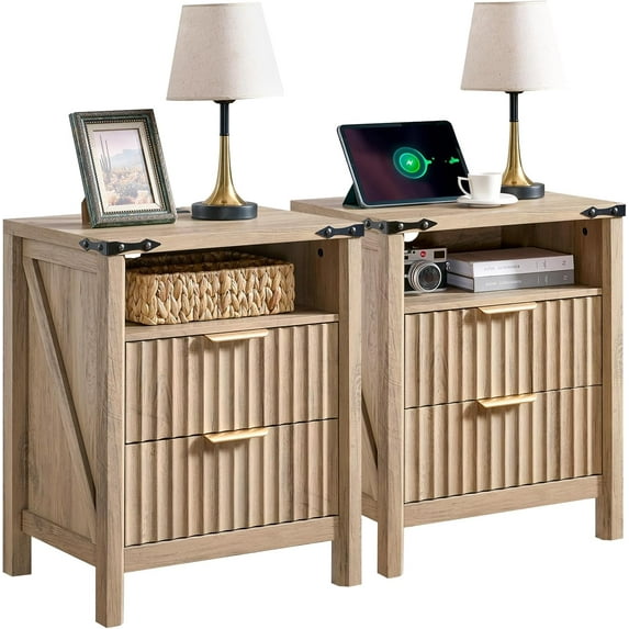 BuildHom Fluted Nightstand with Charging Station - 20-inch Farmhouse ...