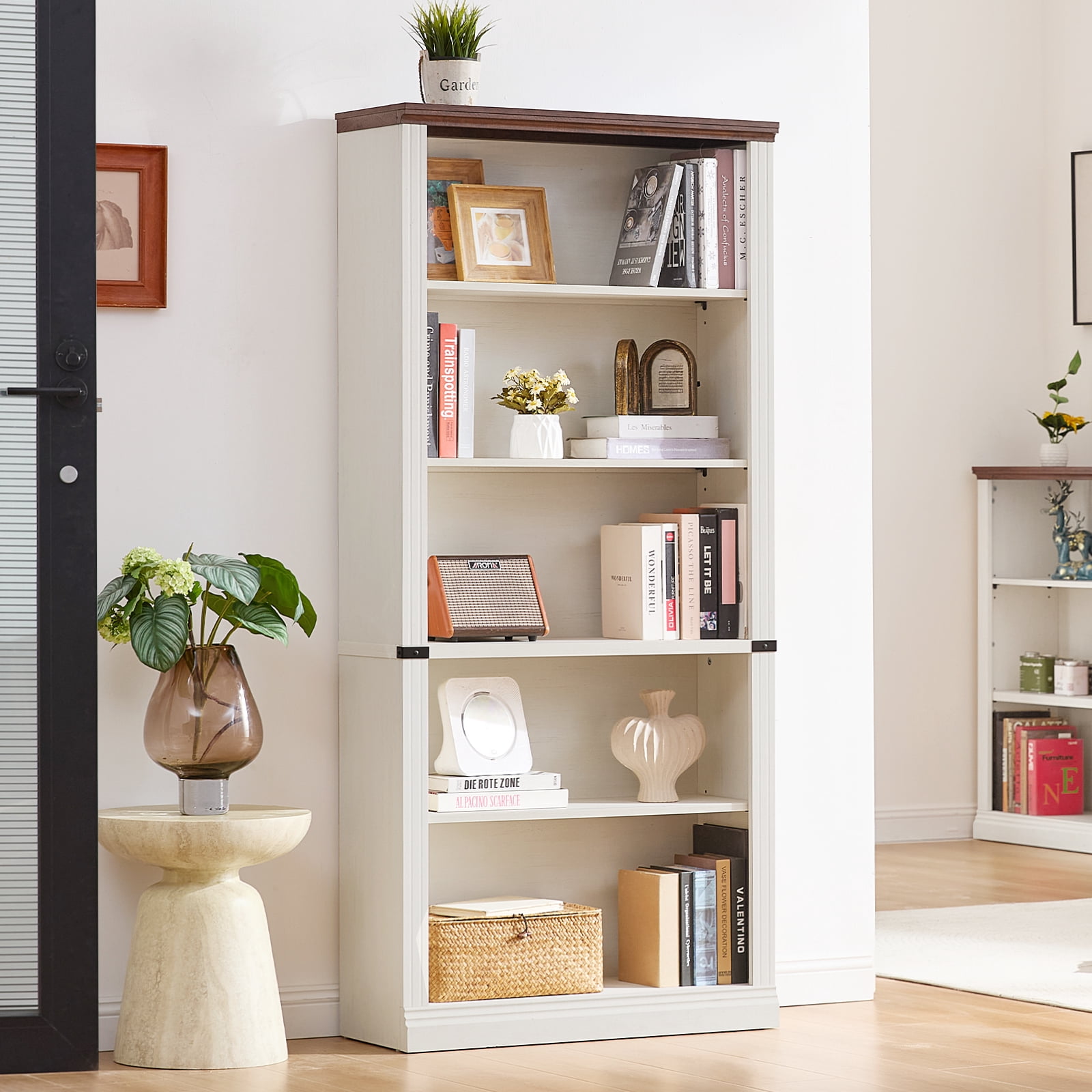 Buildhom 70" Tall Farmhouse Bookshelf, 5-Tier Solid Wood Bookcase with ...