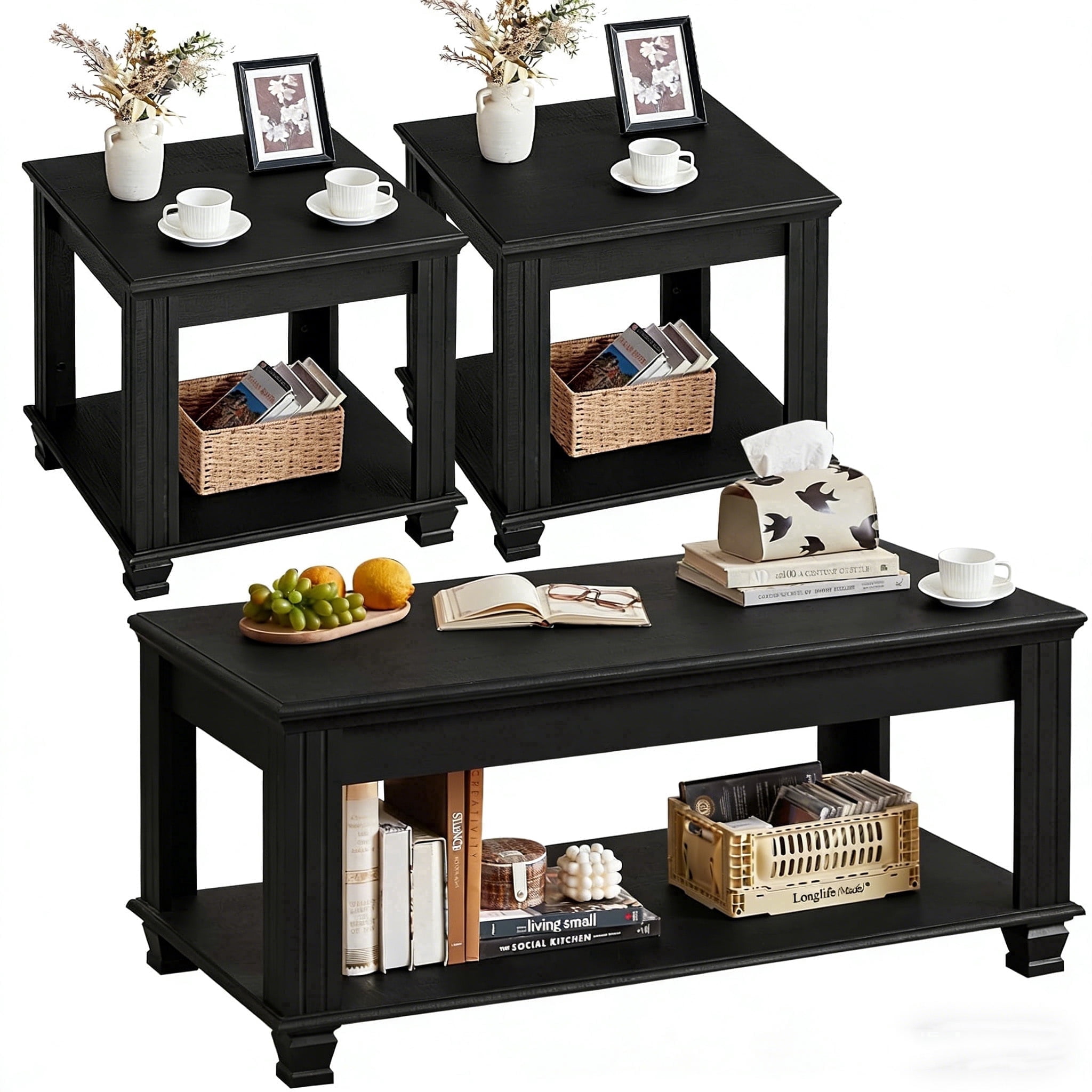 Buildhom Farmhouse 3-Piece Coffee Table Set with Storage Shelves ...