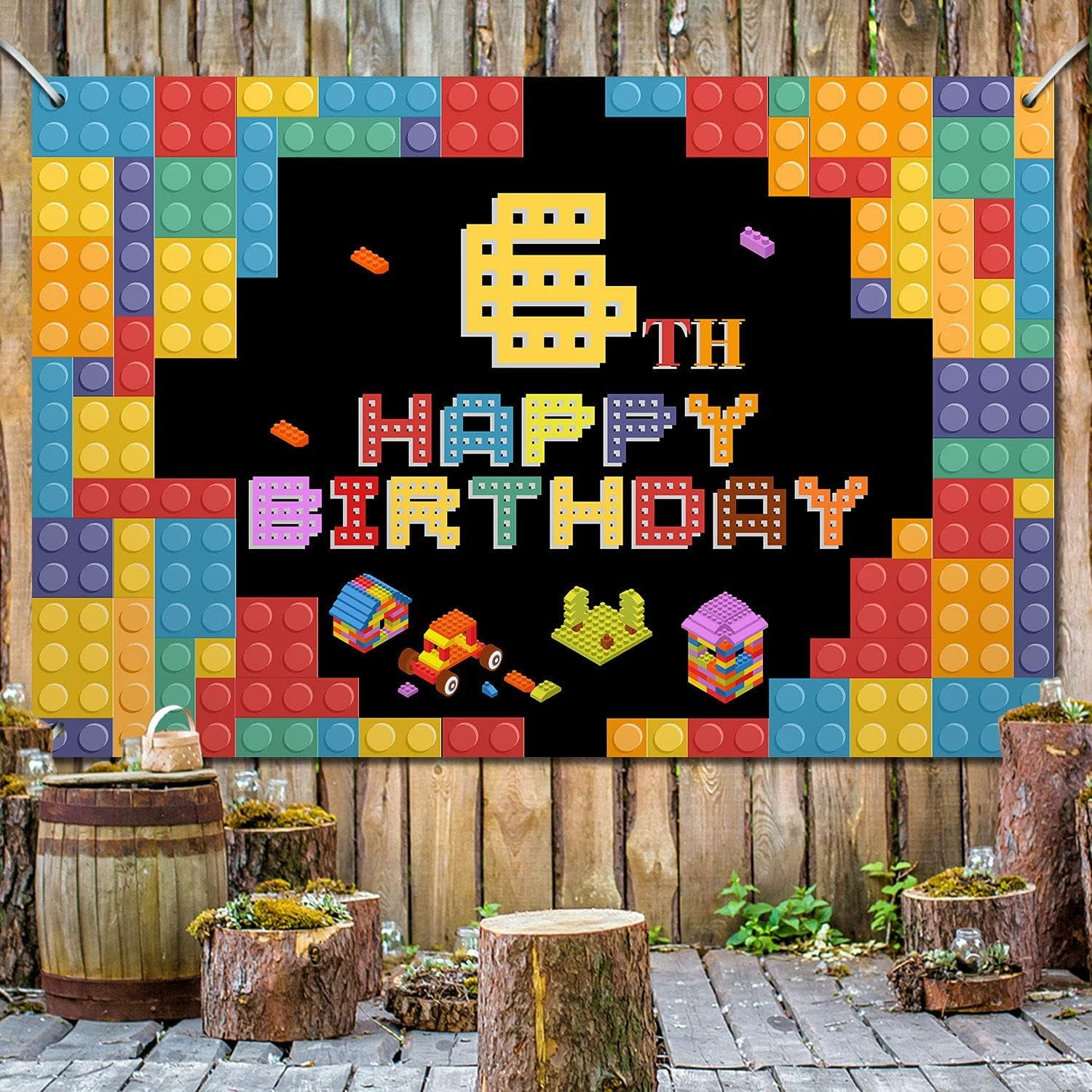 Building Blocks 6th Birthday Banner Backdrop Colorful Build Blocks ...