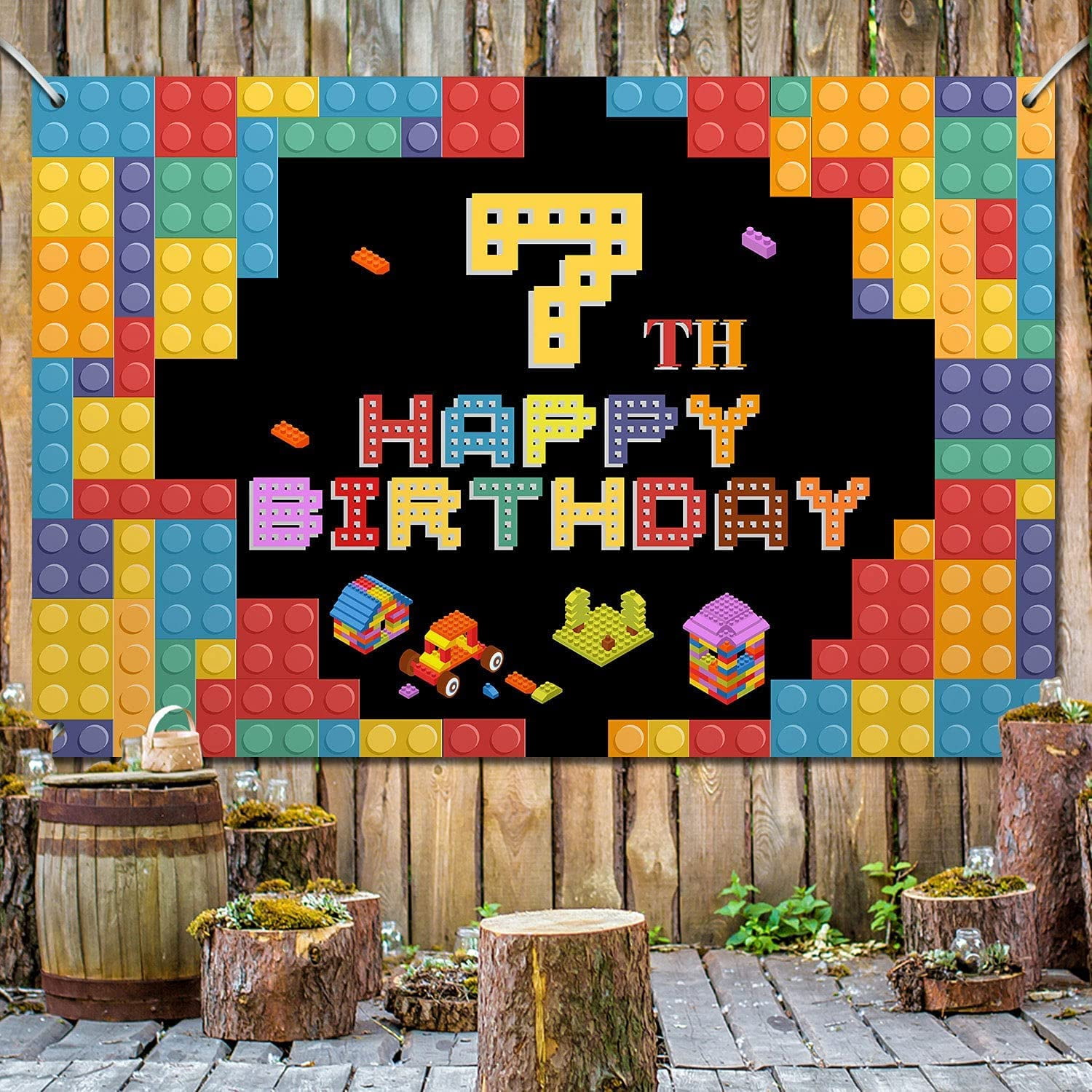 Building Blocks 7th Birthday Banner Backdrop Colorful Build Blocks ...