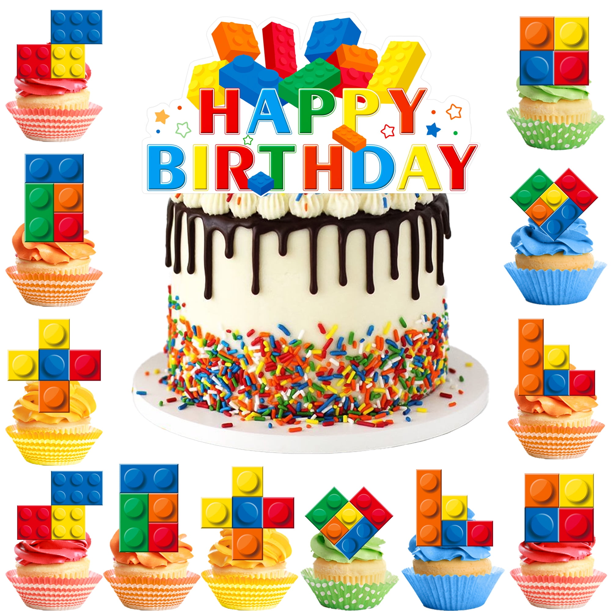 Building Blocks Cake Topper - 24 Pcs Cupcake Toppers + 1 Pcs Large Cake ...