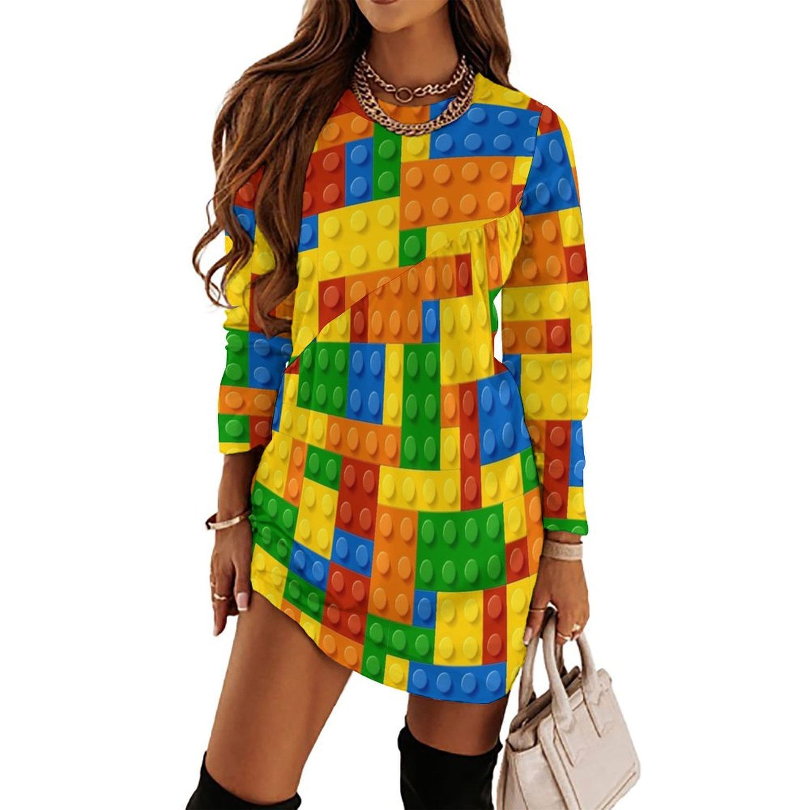 Building Blocks Construction Brick Long Sleeved Dress summer women"s ...