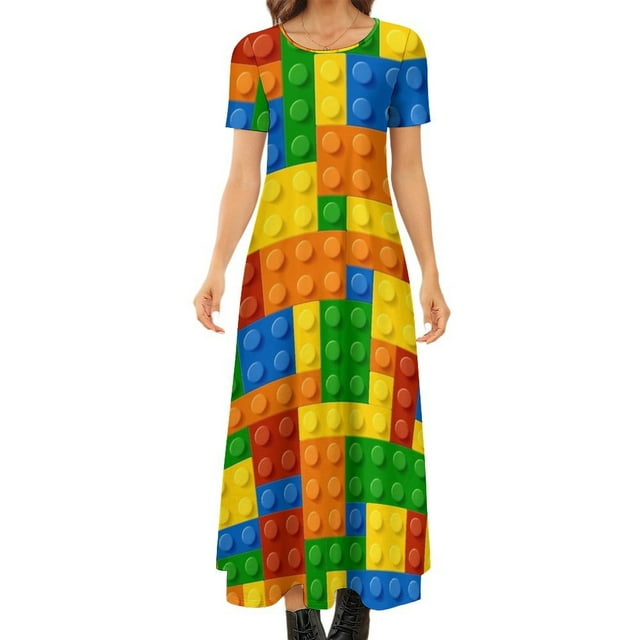 Building Blocks Construction Brick Maxi Dress for Women Crew Neck Beach ...