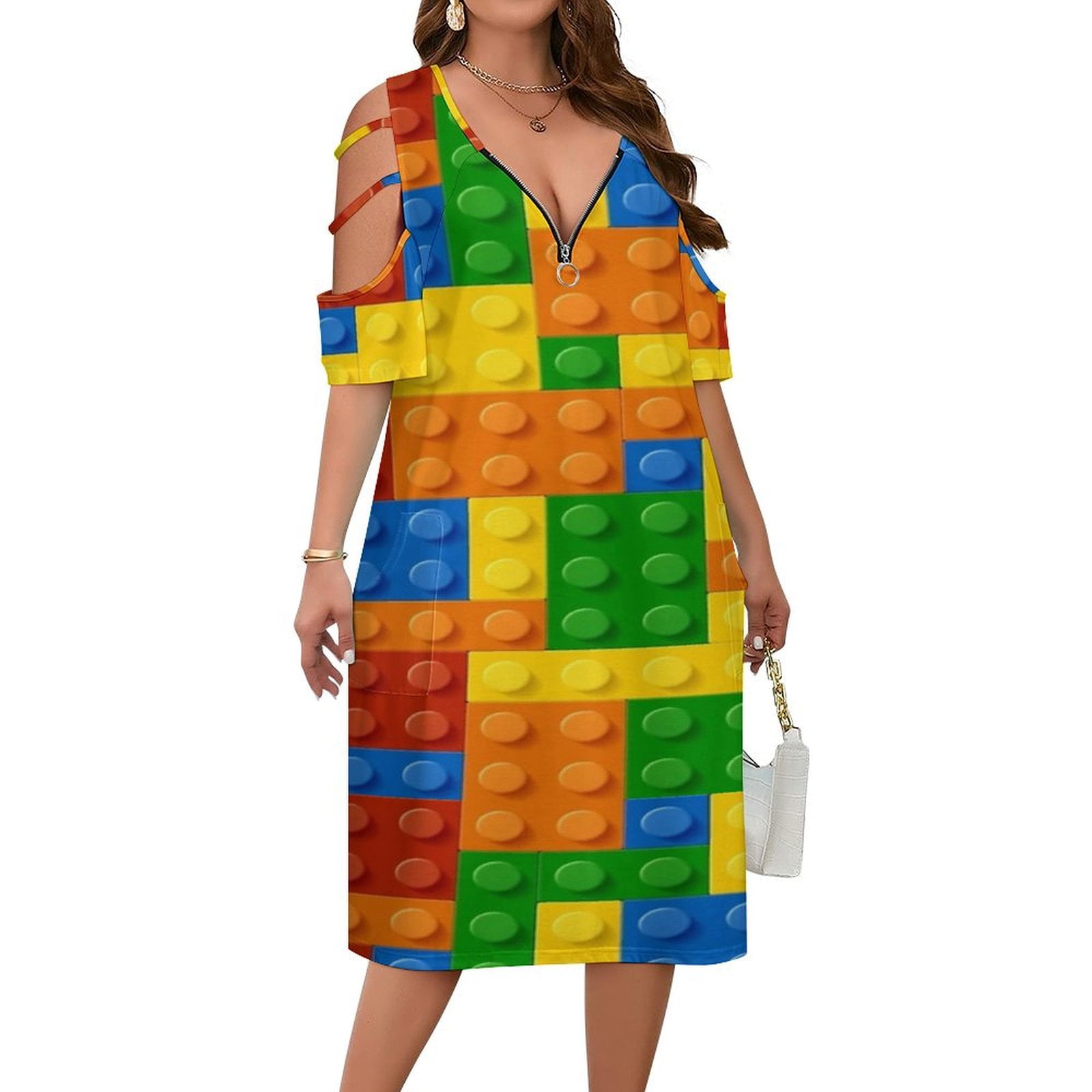 Building Blocks Construction Brick Zipper V Neck Short Sleeve Dress ...