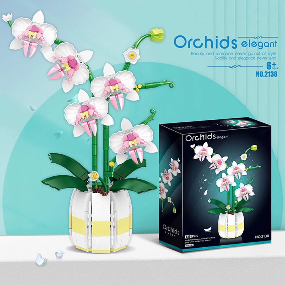 Building Blocks Orchid Flowers Bouquet Flower Blocks Bonsai Plant Model ...