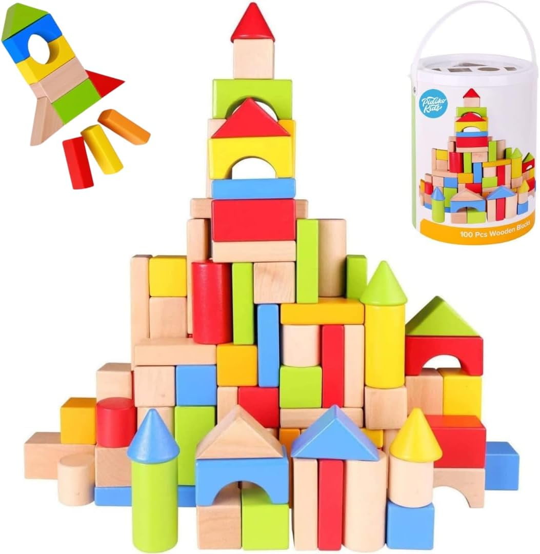Building Blocks for Toddlers 1-3, 100 Pcs Wooden Blocks - Includes ...
