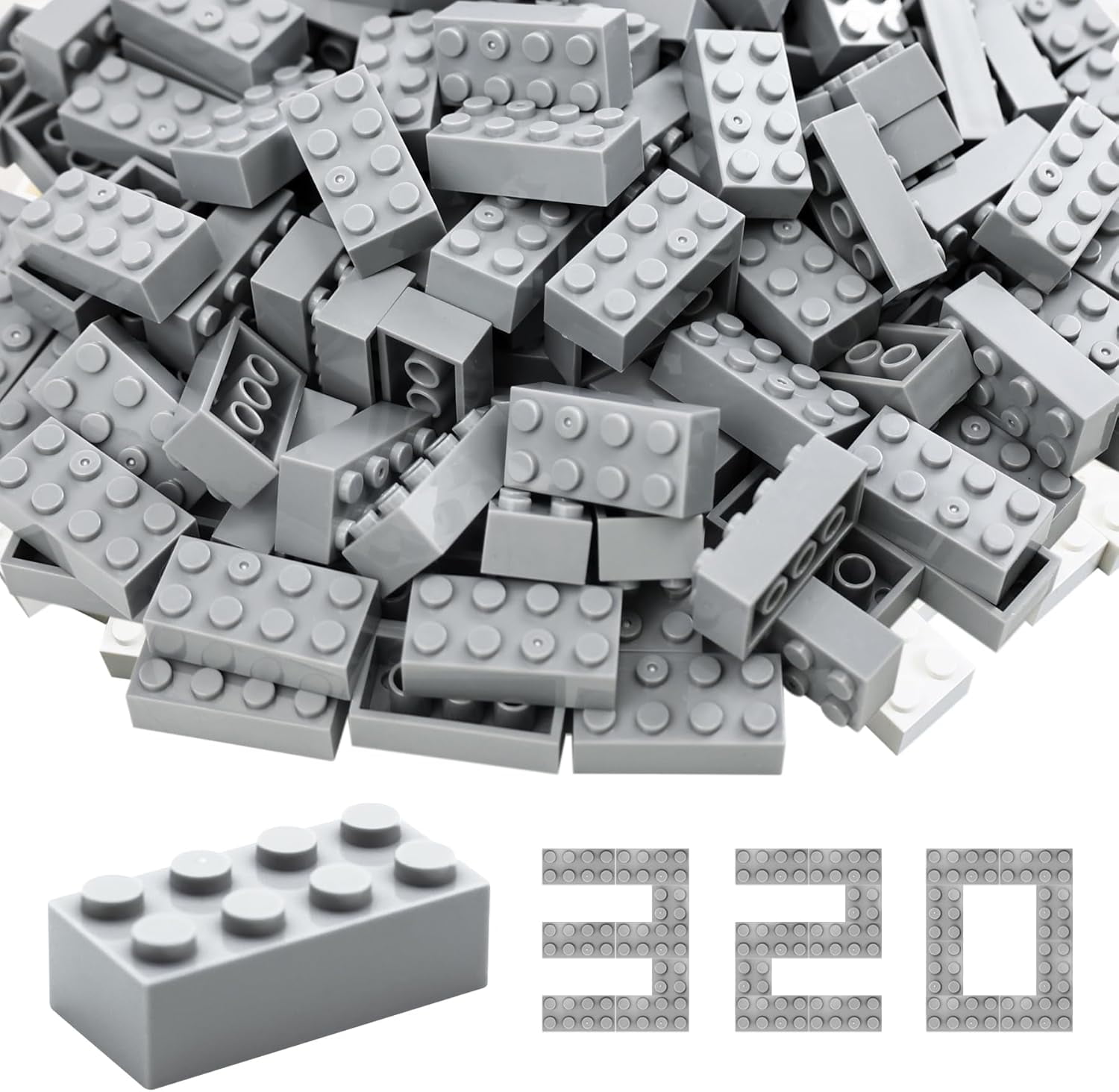 Building Bricks 2x4 Stud 320 Pcs, Grey, Classic Building Blocks Set ...
