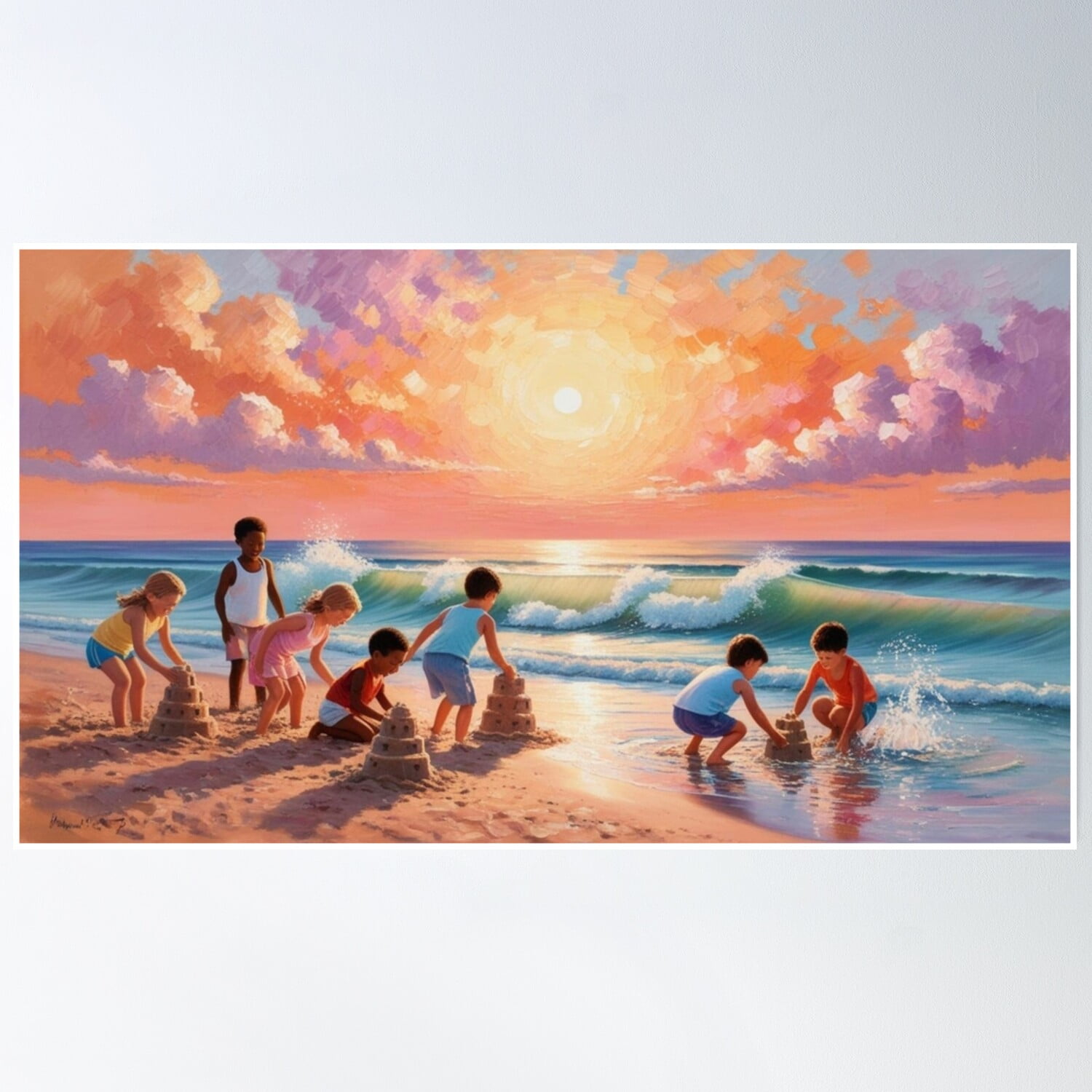 Building Sand Castles At The Beach With Friends Poster Wall Art, Modern ...