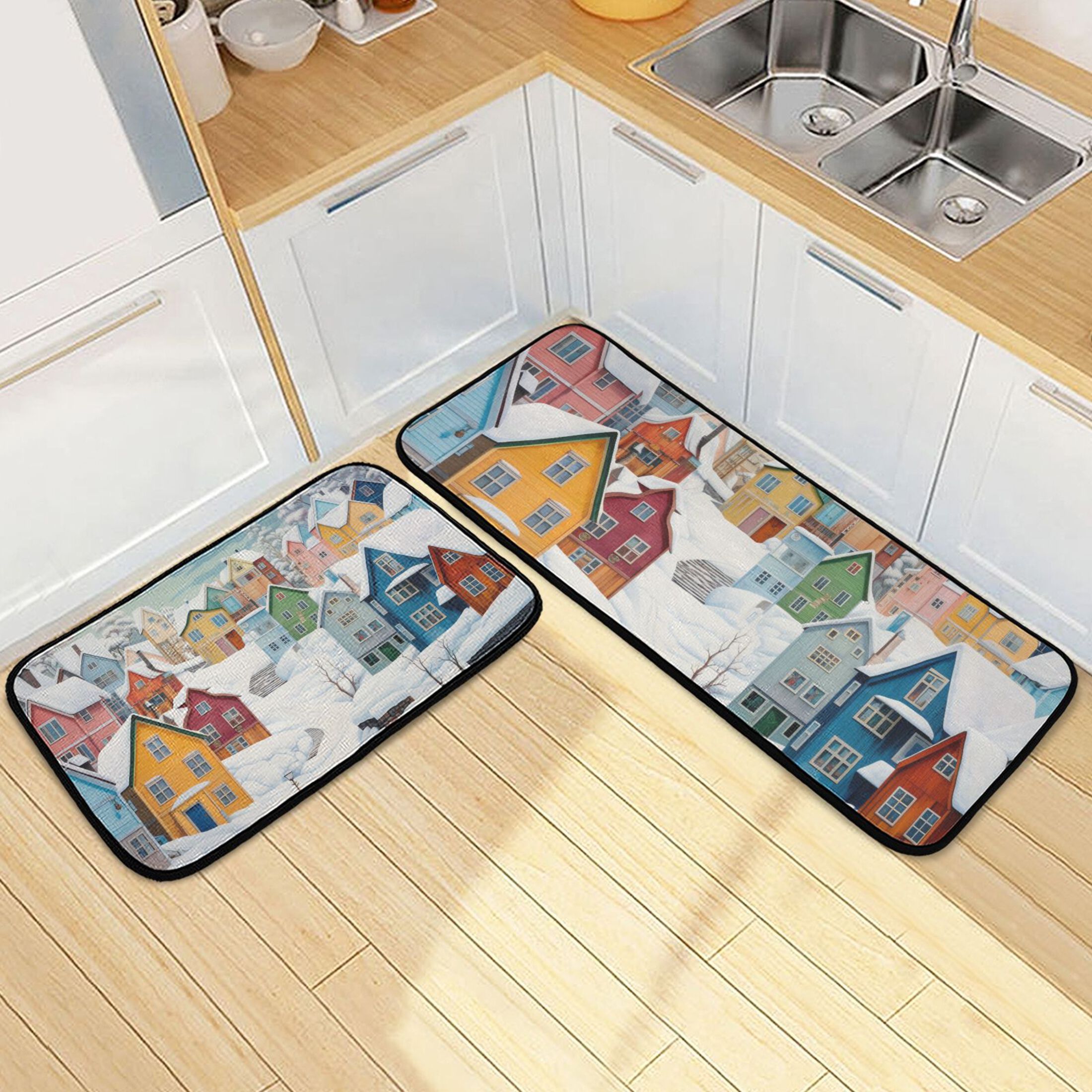 Buildings in Winter Kitchen Rugs Set of 2 Non Slip Floor Foam Mat ...