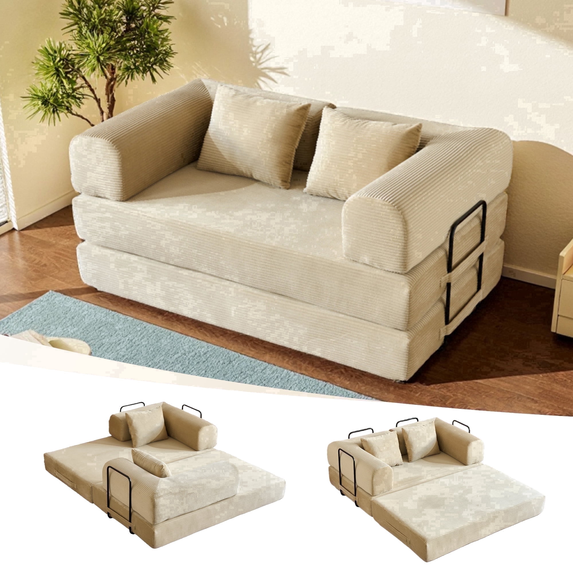 59in Convertible Sofa Bed Corduroy Boneless Couch Bed Foldable Sofa Bed ...