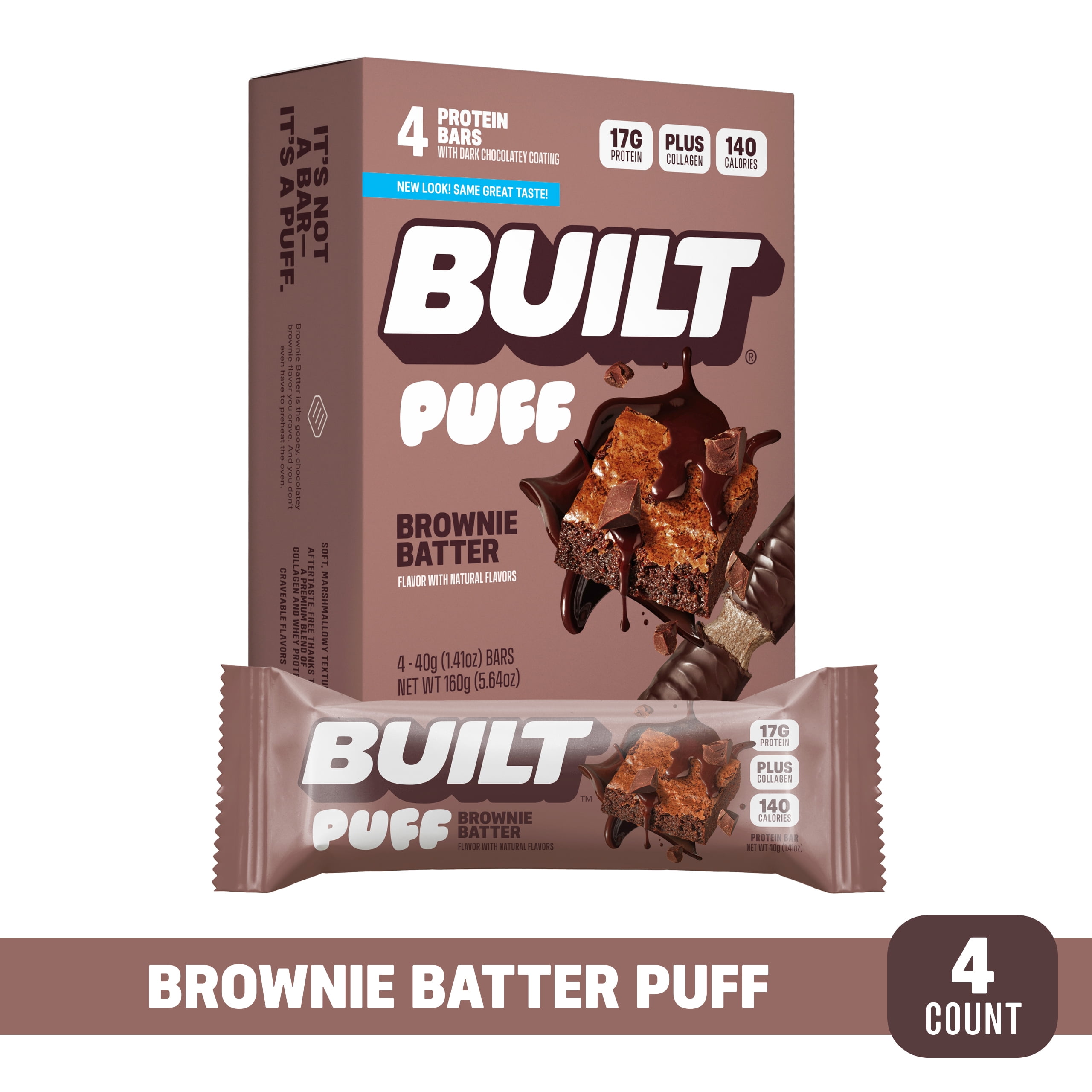 Built Bar Puff Protein Bar, Collagen, Gluten Free Brownie Batter, 1.41oz, 4 Count Box - Walmart.com