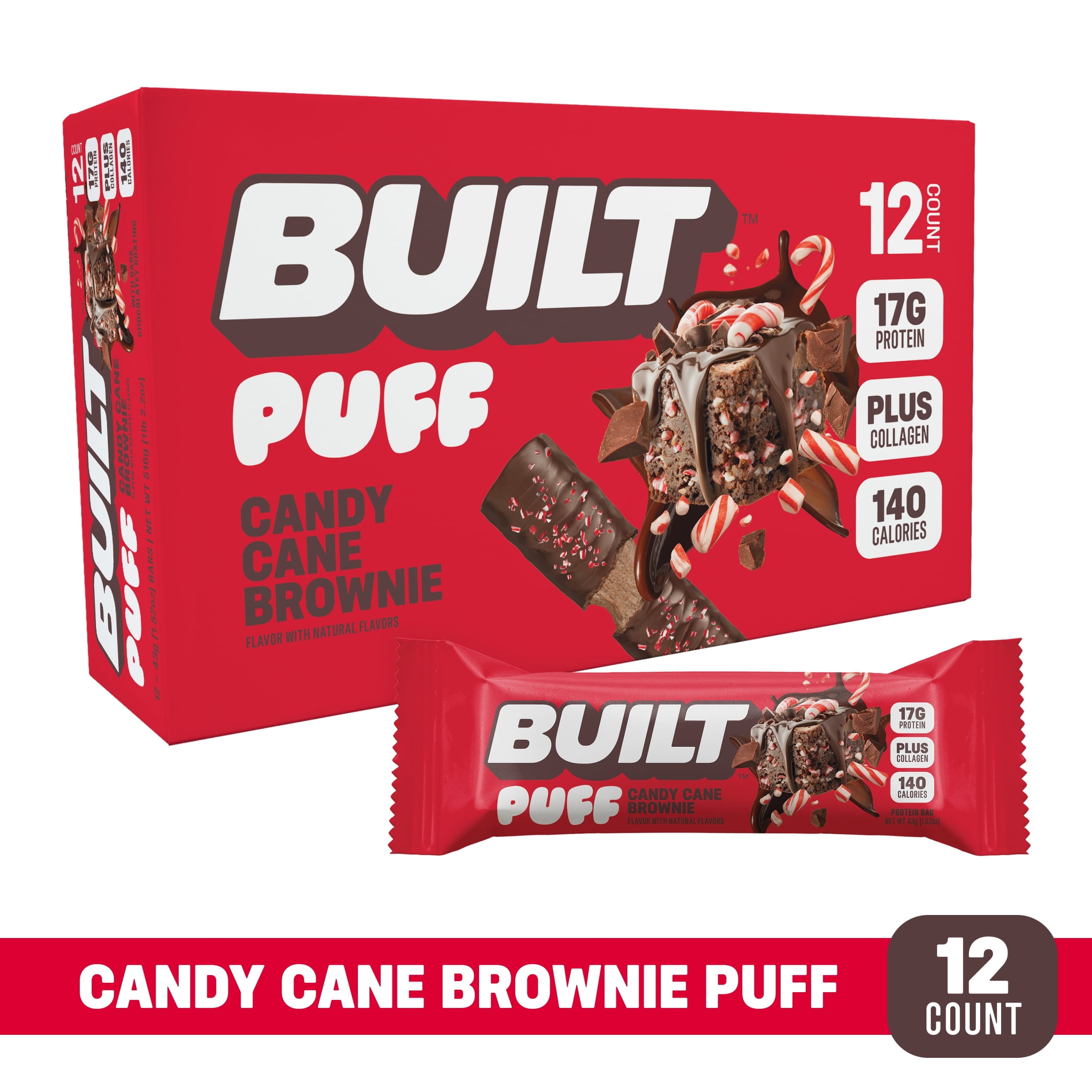 BUILT Bar, Puff Protein Snack Bars, Candy Cane Brownie, 17g Protein ...