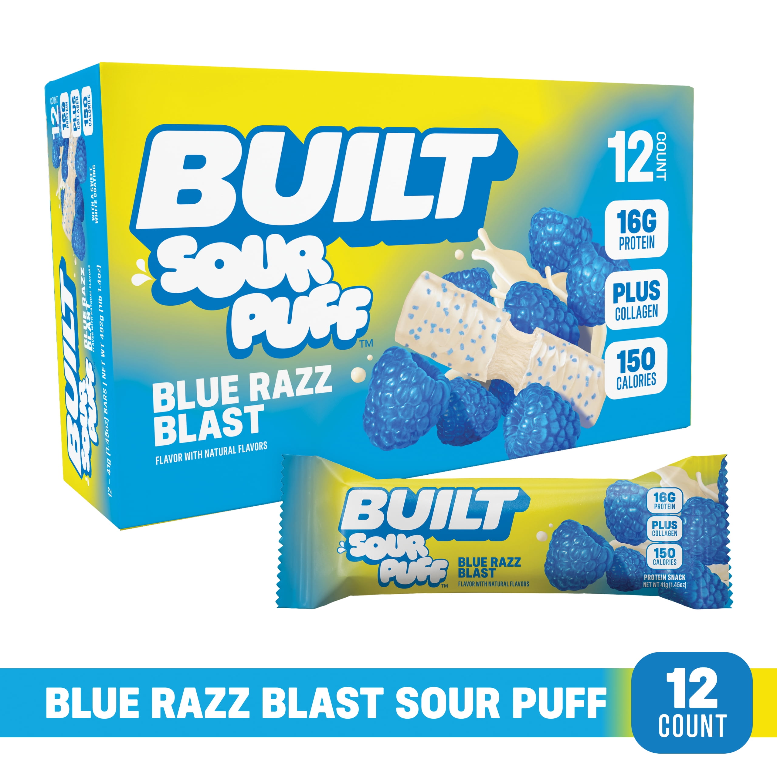 Built Bar, Sour Puff Protein Bars, Blue Razz Blast, Collagen, On-the-go ...