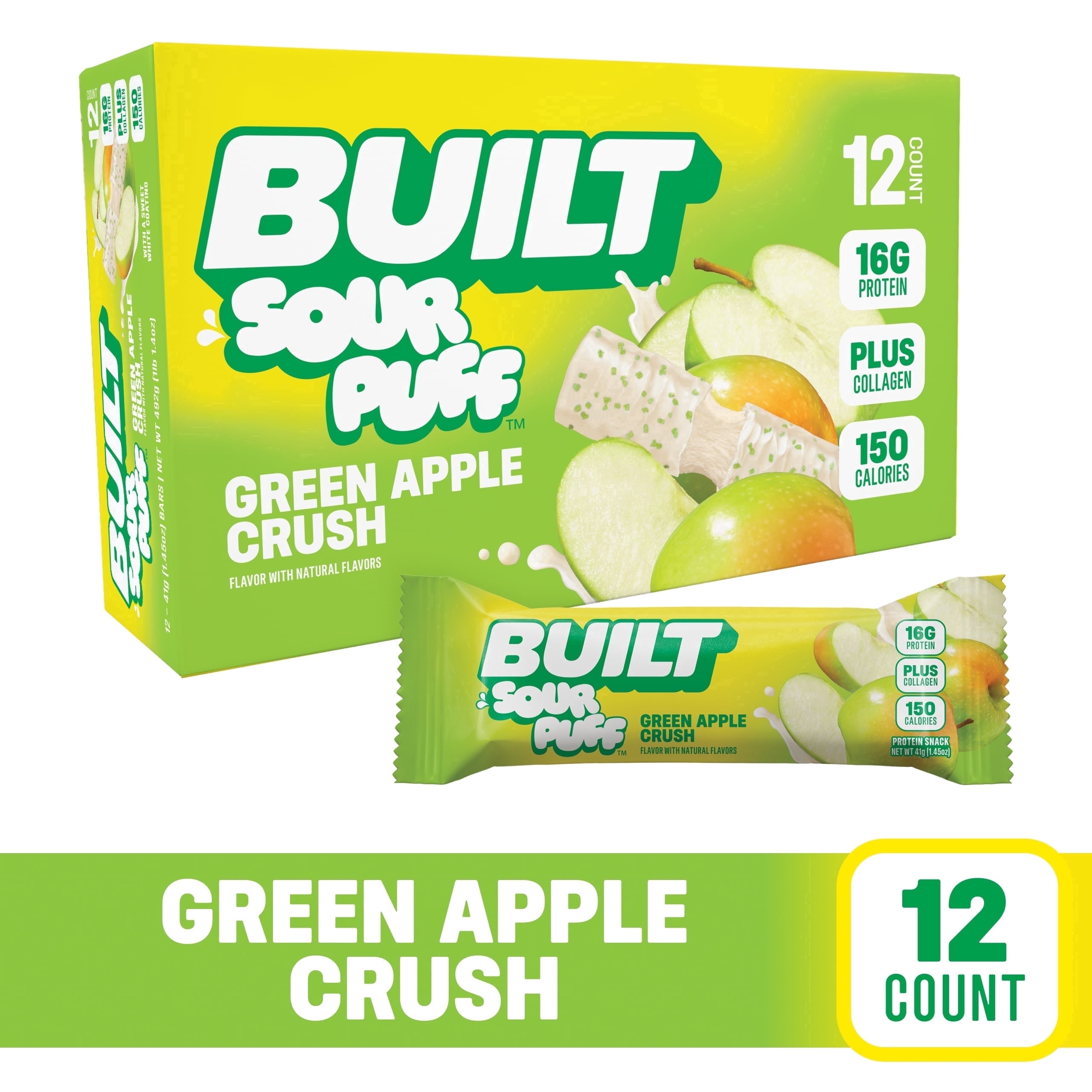 BUILT Bar Sour Puff Protein Bars, Green Apple Crush, Gluten Free, Sour ...