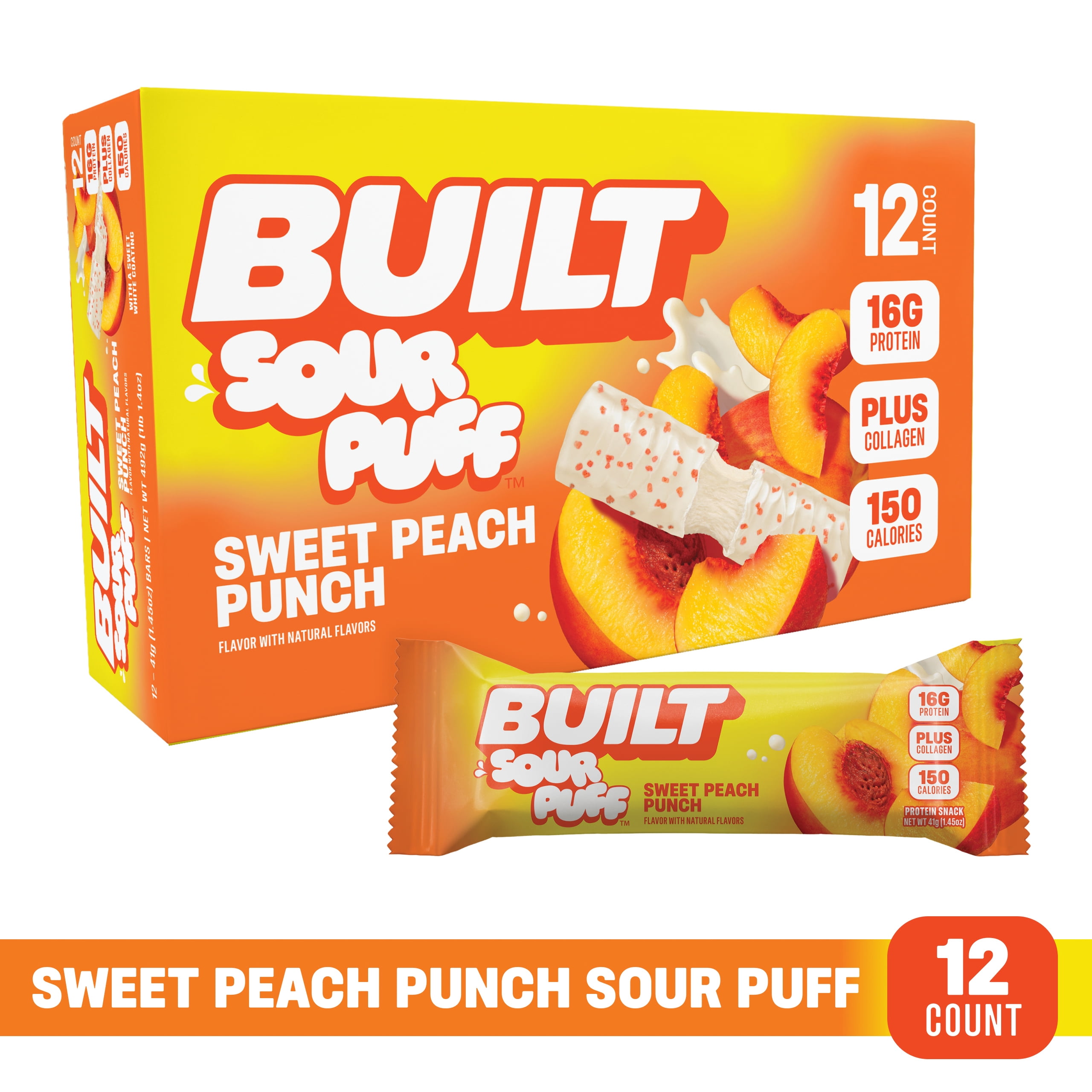 Built Bar, Sour Puff Protein Bars, Sweet Peach Punch, Collagen, On-the ...