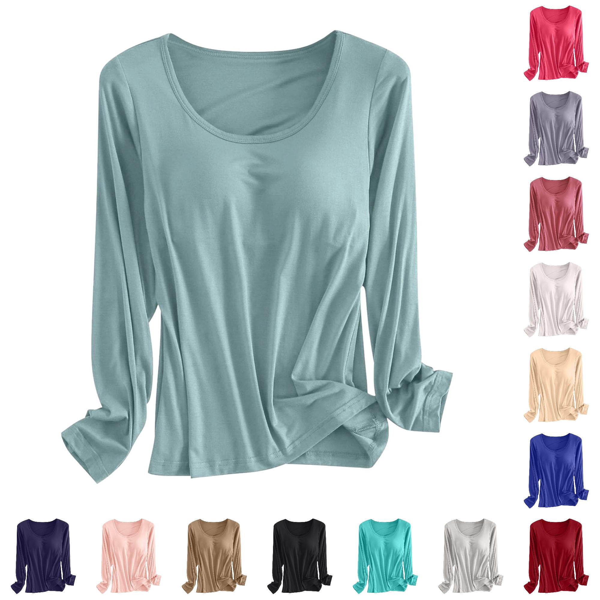 Built In Bra T Shirt for Womens Padded Long Sleeve Tops Blouses Soft ...