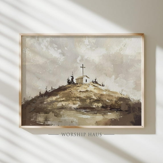 Built On The Rock Of Christ Christian Art Digital Church On Hill Scene ...